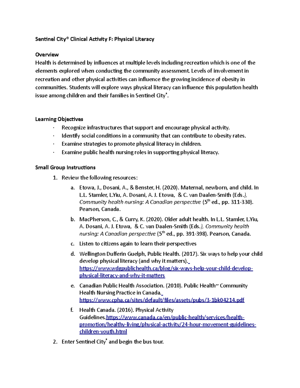 Sentinel City® Clinical Activity F Physical Literacy - Seninel City ...