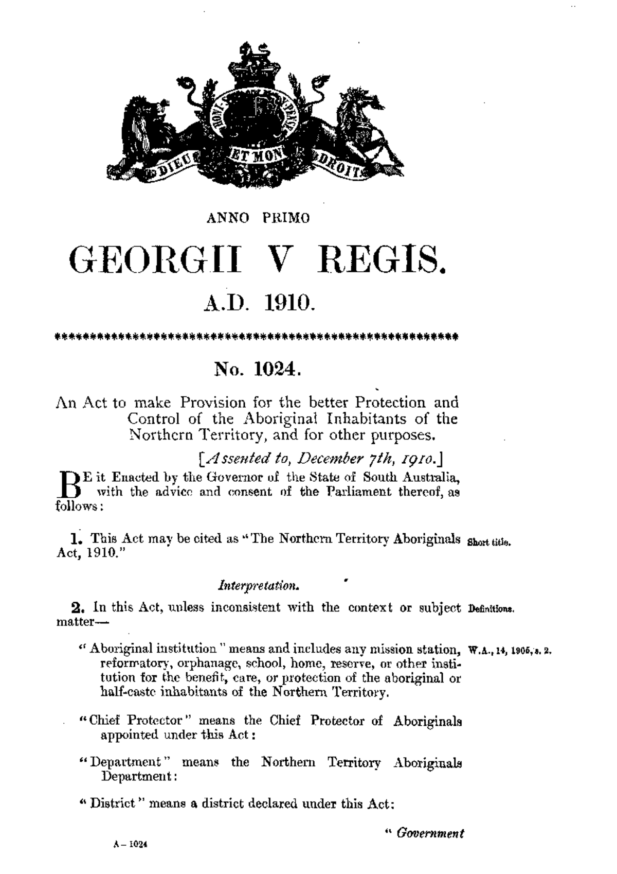 NT AA 1910 - An Act to make Provision for the better Protection and ...