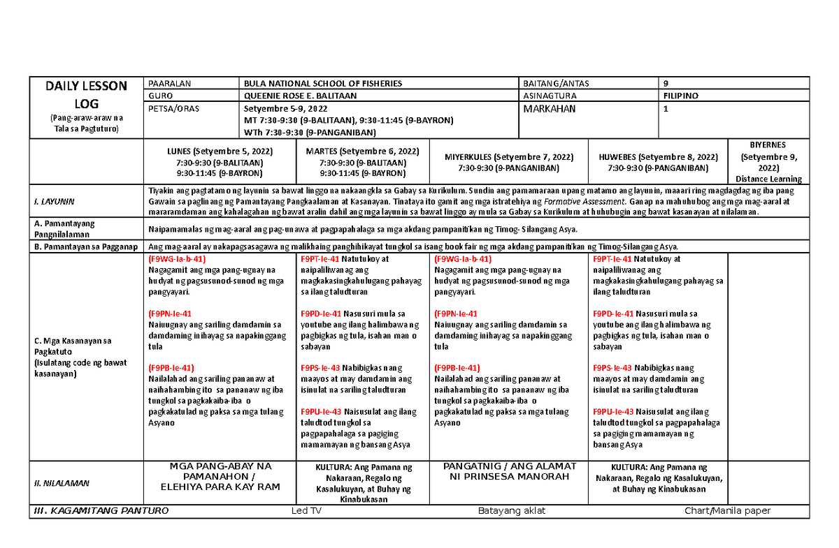 QRB Fil 9 Q1 W3 - Sample DLL for FILIPINO 9 - DAILY LESSON LOG (Pang ...