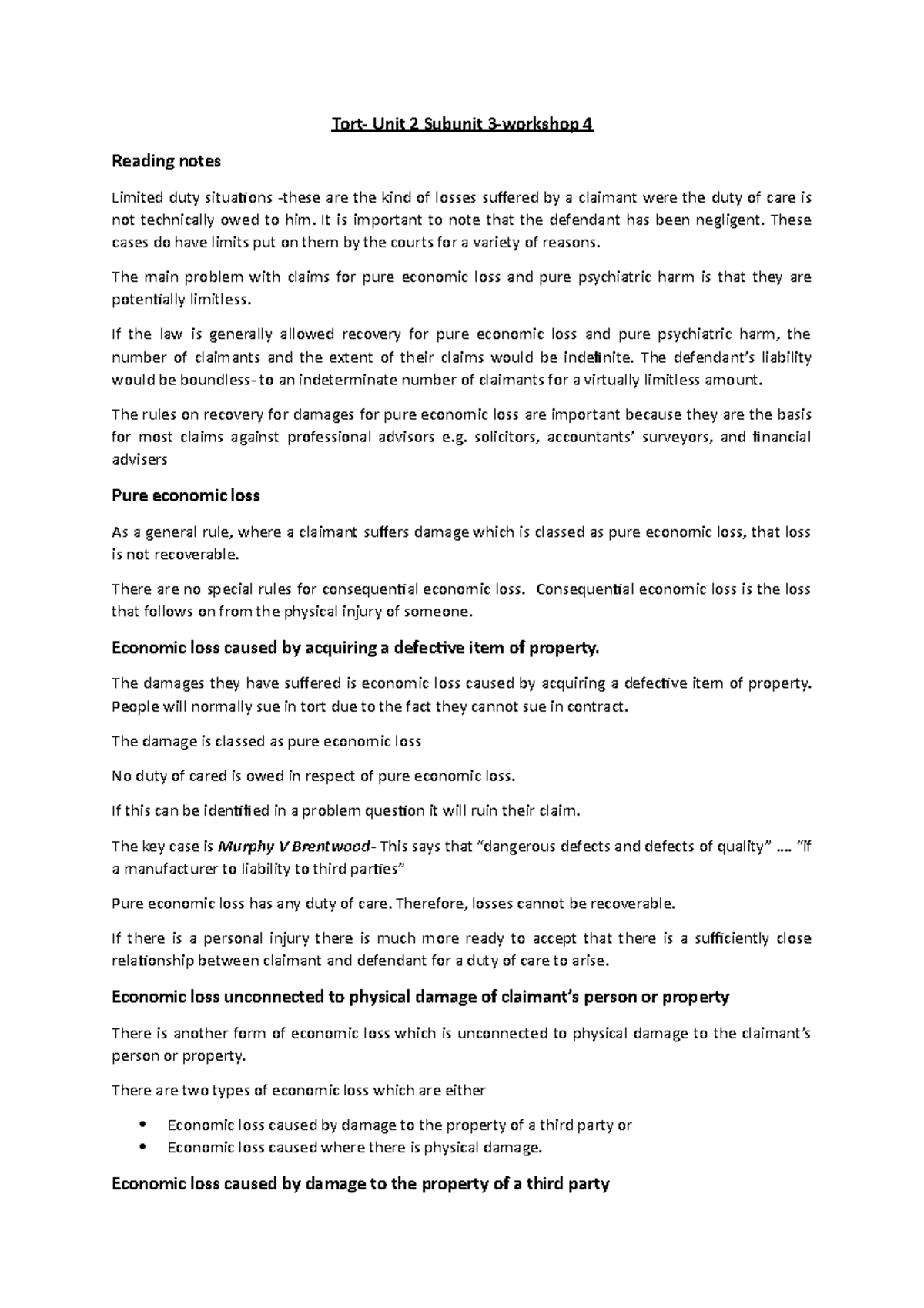 Tort workshop 4 - Tort- Unit 2 Subunit 3-workshop 4 Reading notes ...