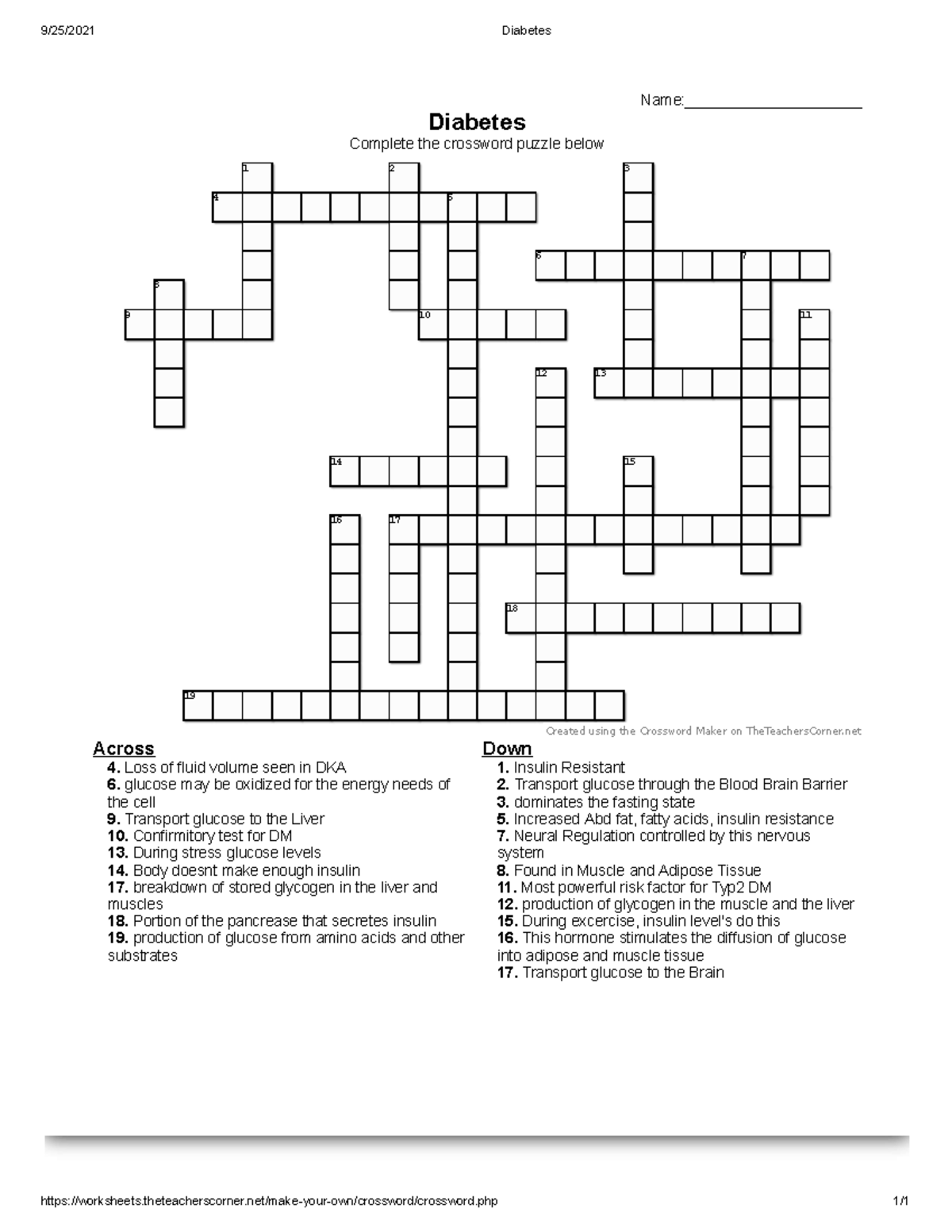 Diabetes Crossword Puzzle - 9/25/2021 Diabetes - Studocu