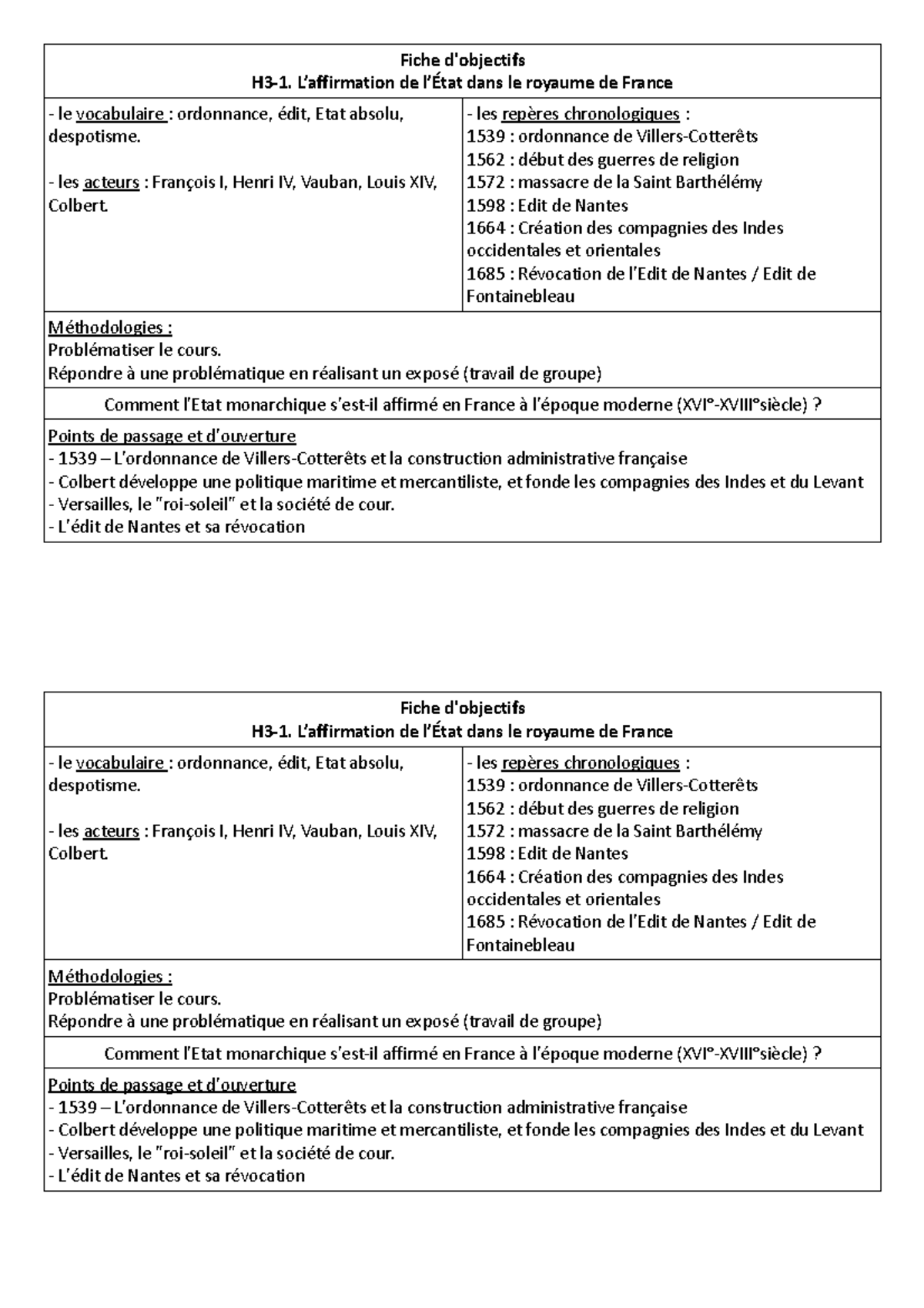 H3-1 FO - Notes de cours histoire - Fiche d'objectifs H3-1. L ...