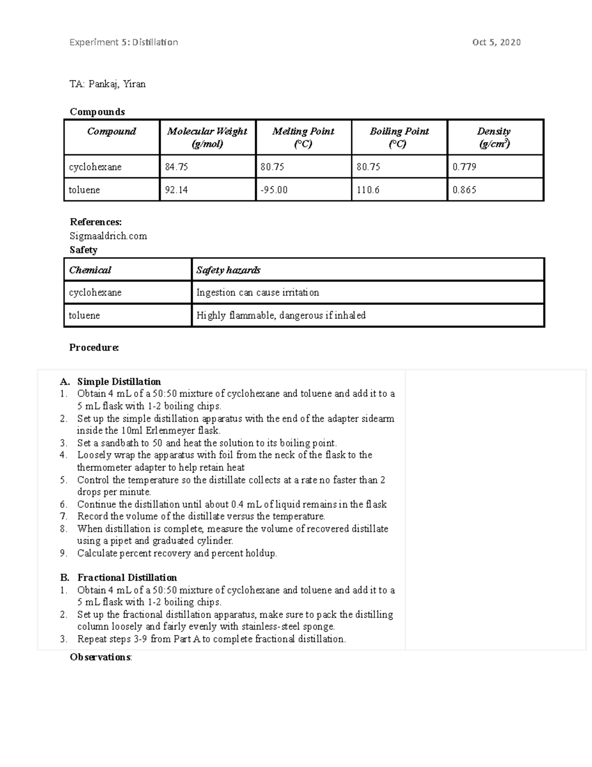 CHE 276 Lab 5 Report- Distillation - TA: Pankaj, Yiran Compounds ...