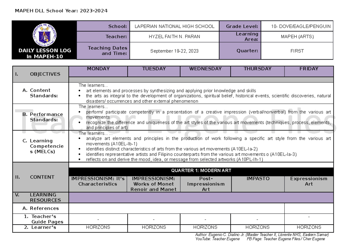 Q1 DLL- Mapeh 10 Arts - DLL ARTS - DAILY LESSON LOG In MAPEH- School ...