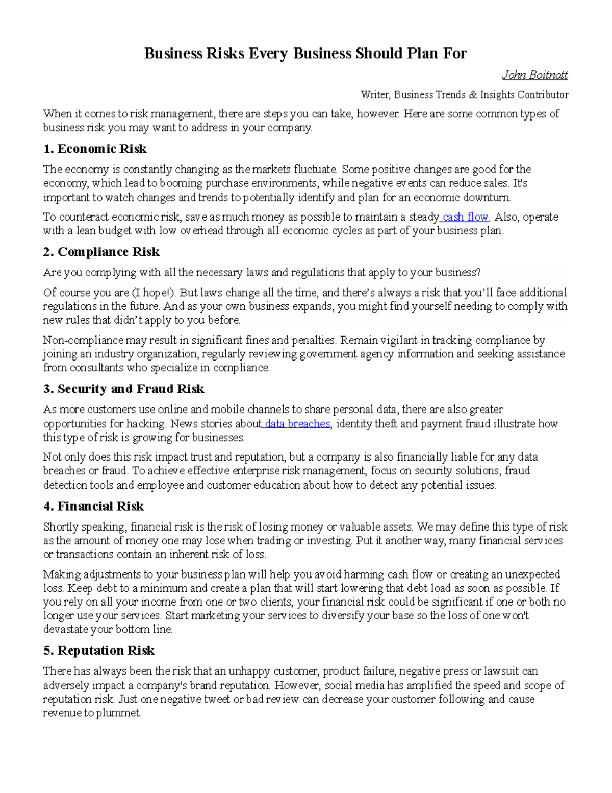 Week 10 Types of risks matching - Business Risks Every Business Should ...