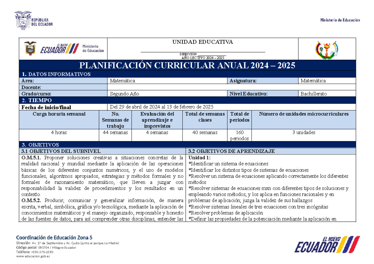 PCA 2024-2025 Video - planificacion anual - Coordinación de Educación Zona 5 Dirección: Av. 17 ...