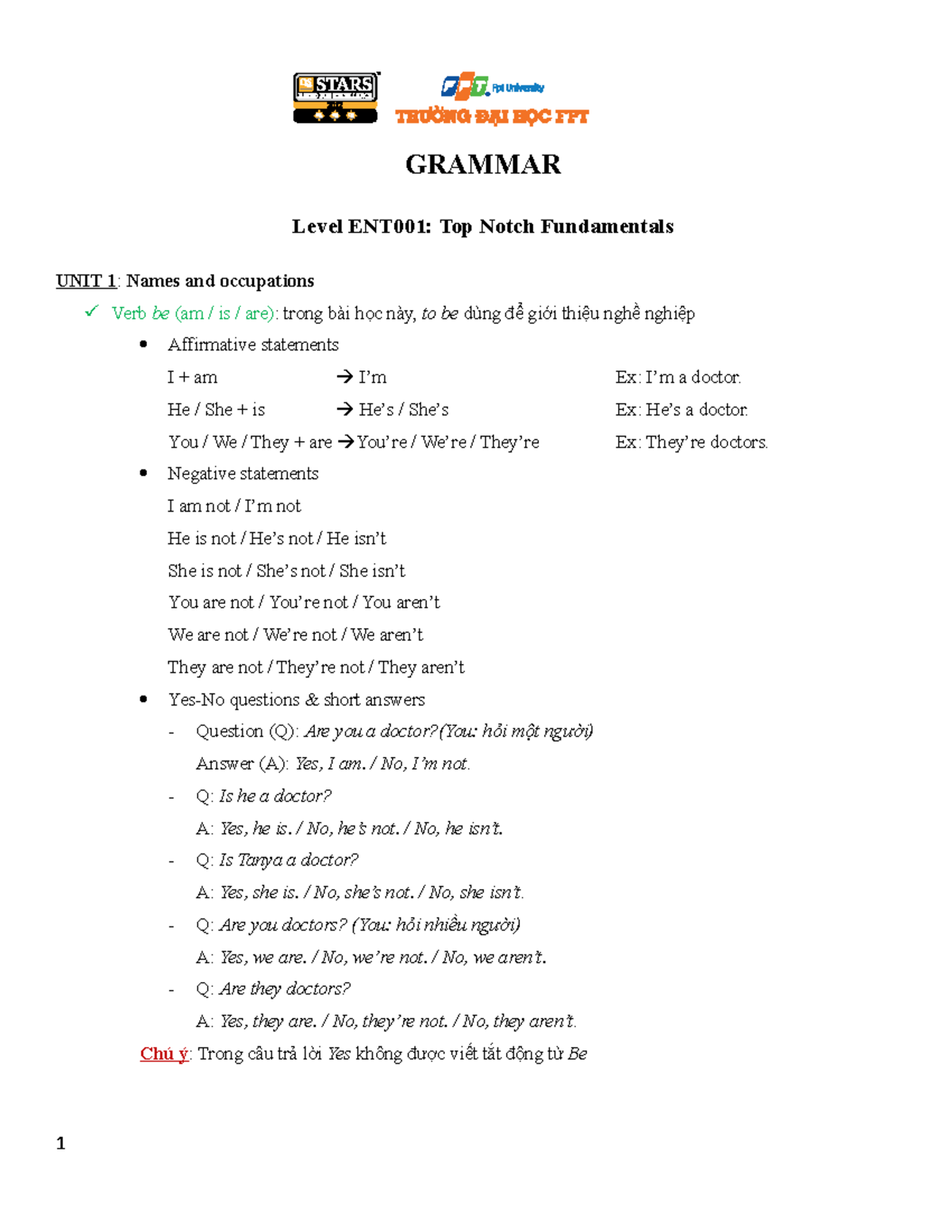 ENT001 Grammar - GRAMMAR Level ENT001: Top Notch Fundamentals UNIT 1 ...