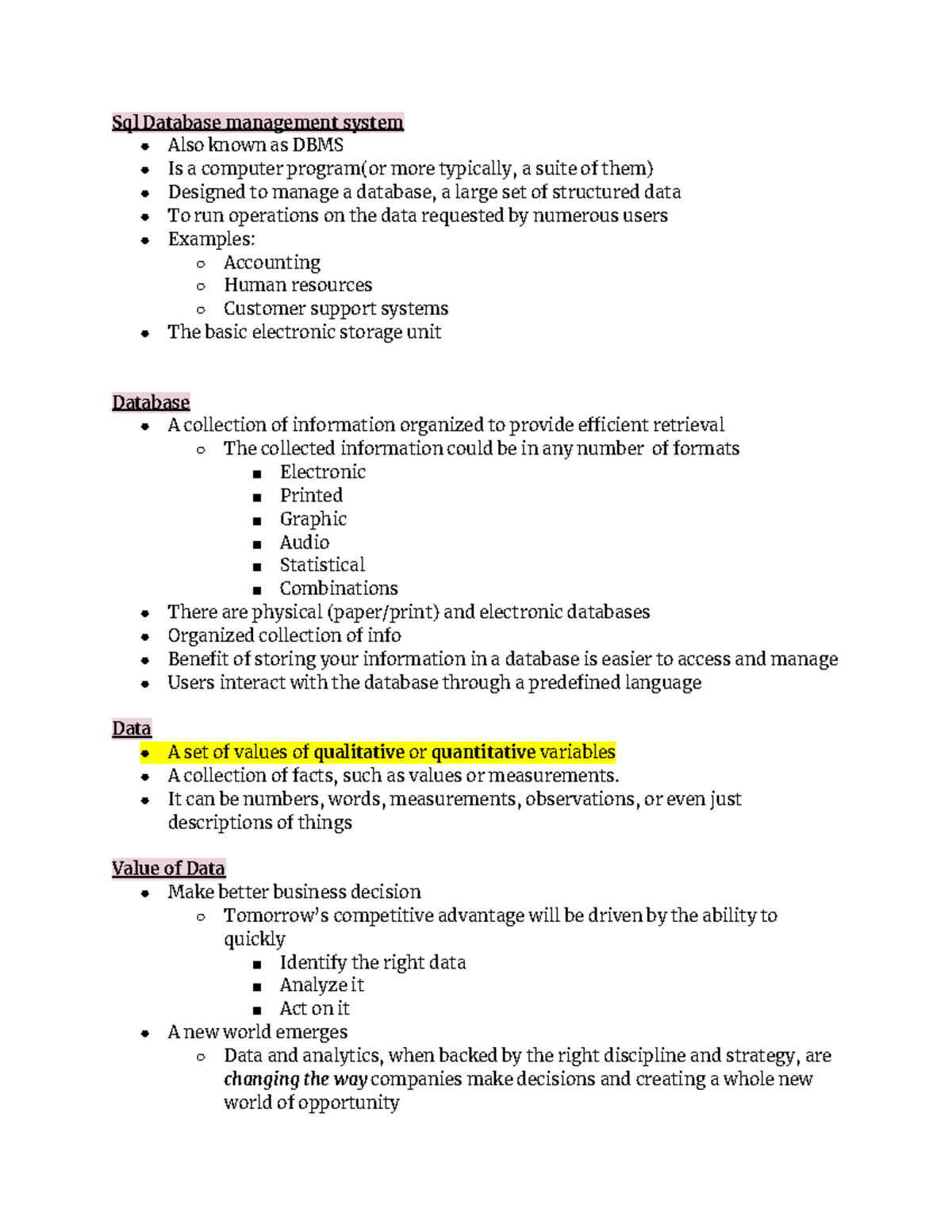 Database Management CIS 3352 Class Notes - Sql Database management ...