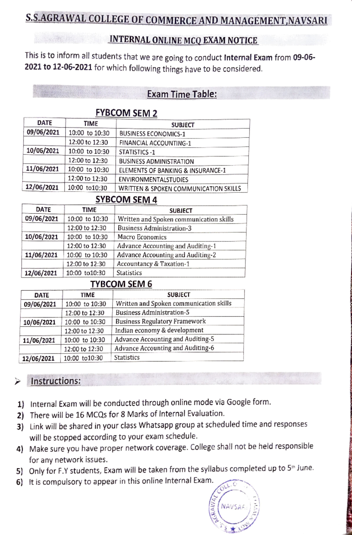 B. COM Internal EXAM TIME Table - Module - Teaching and Assessment ...