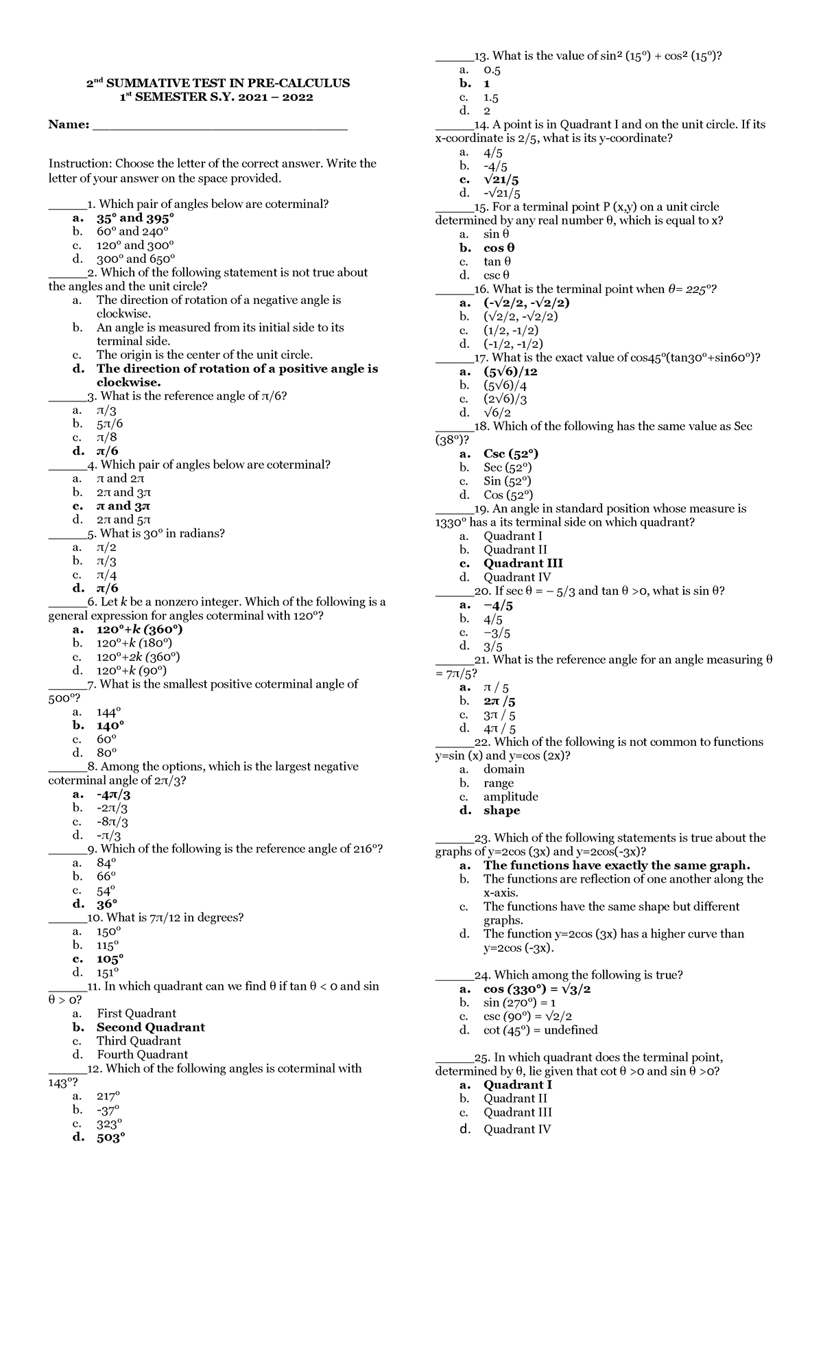 2nd Summative Test Pre Cal Answer Key 2 Nd SUMMATIVE TEST IN PRE 2nd-summative-test-pre-cal-answer-key-2-nd-summative-test-in-pre