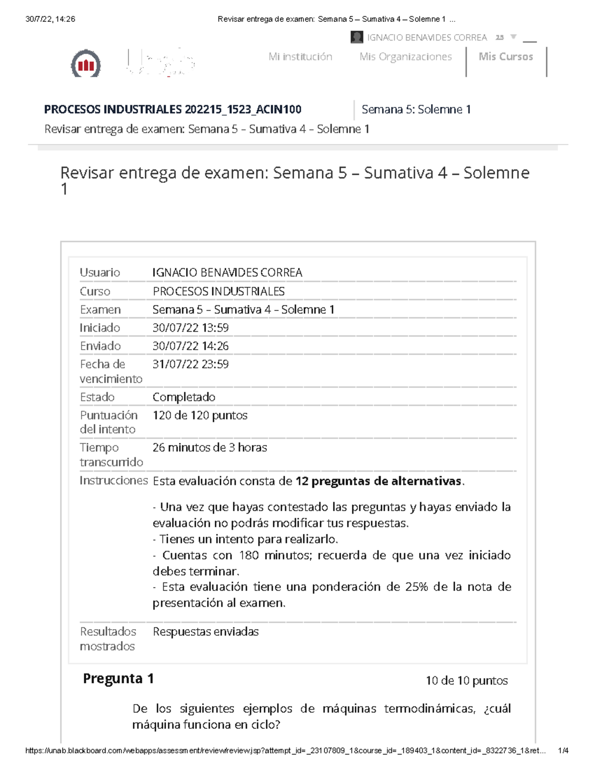 Revisar entrega de examen Semana 5 – Sumativa 4 – Solemne 1 .. - PROCESOS INDUSTRIALES - Studocu
