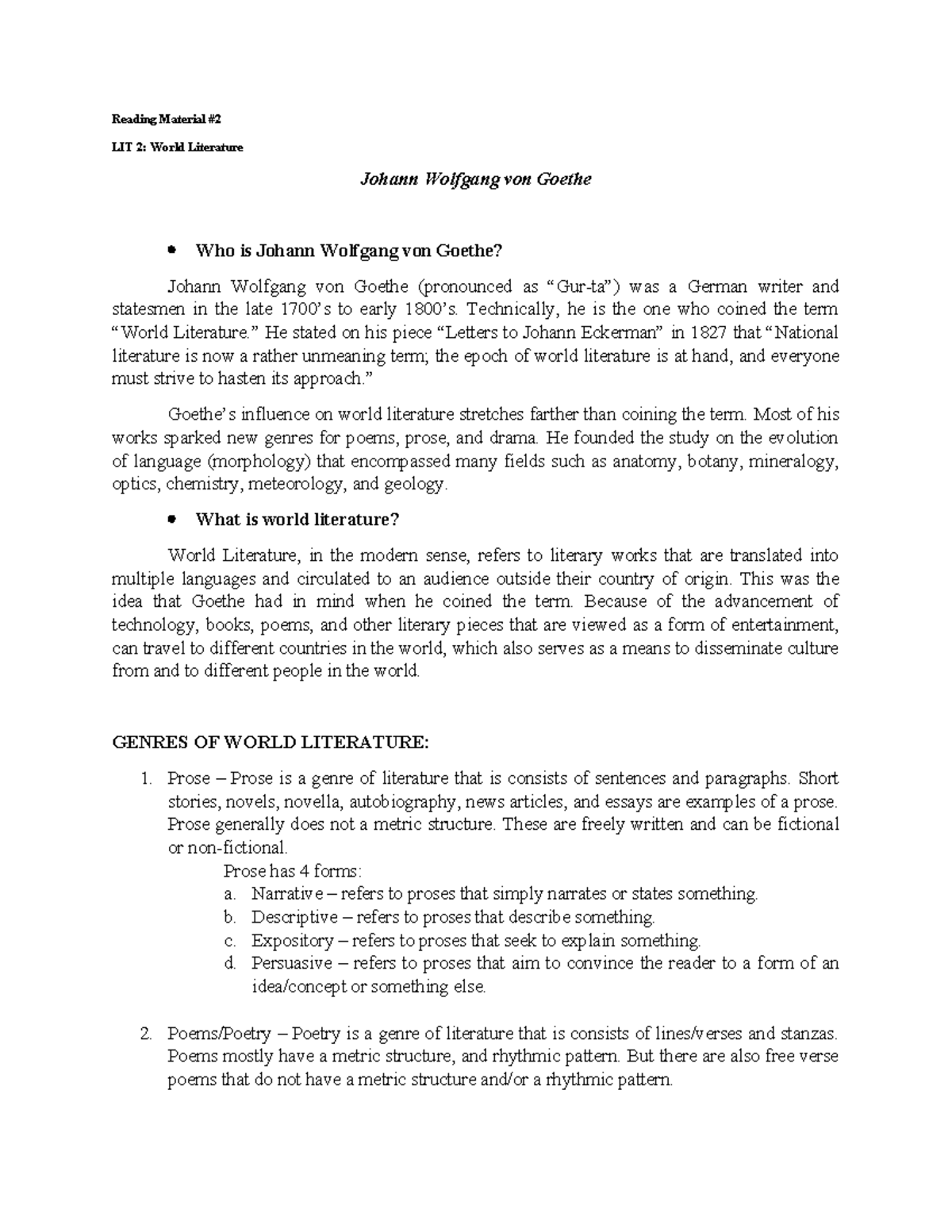 Goethe and World Literature - Reading Material # LIT 2: World ...