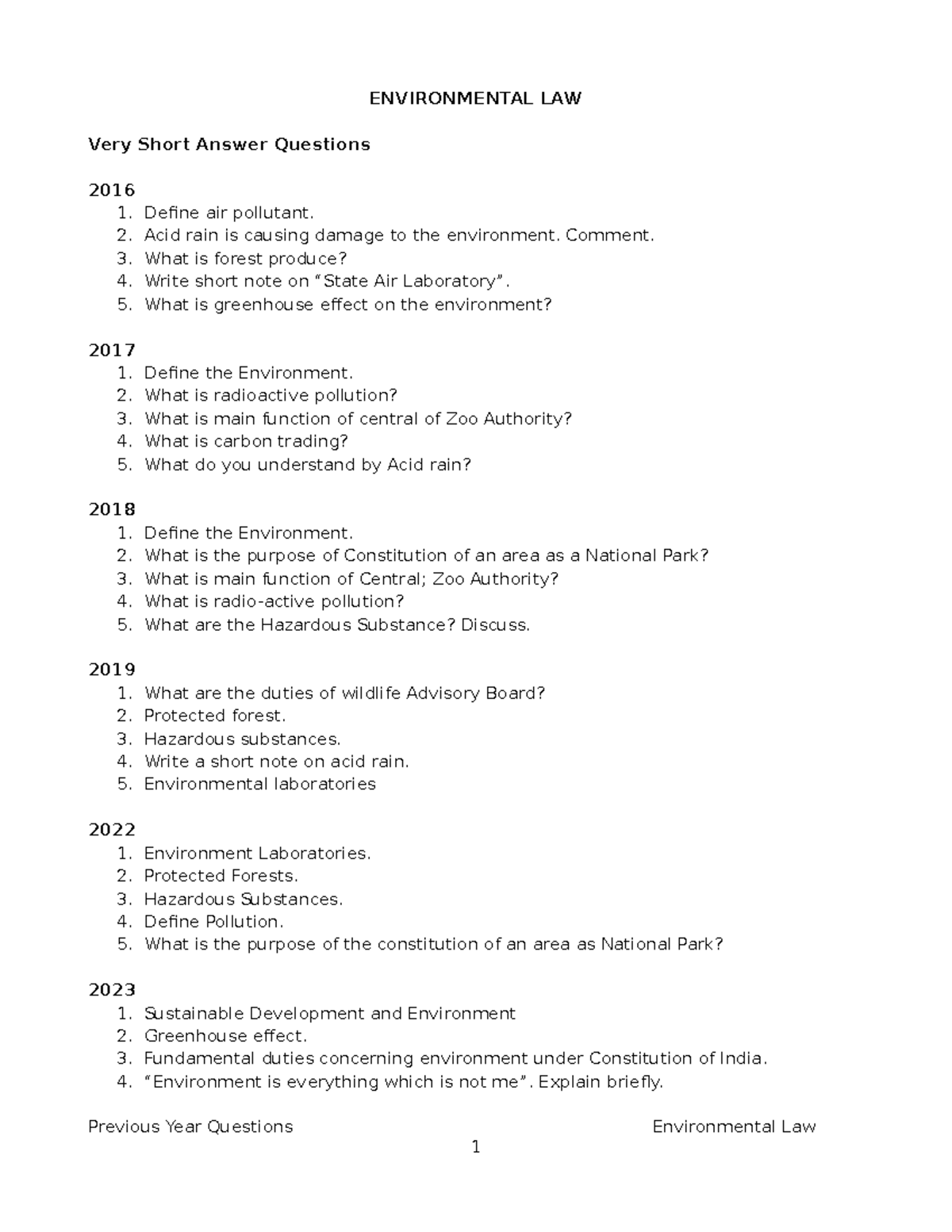 Environmental LAW Questions - ENVIRONMENTAL LAW Very Short Answer ...