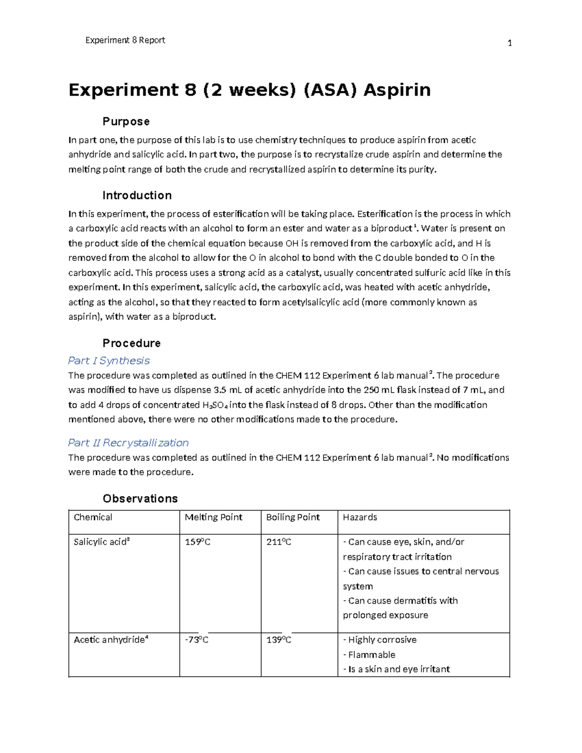 Aspirin Lab - Experiment 8 (2 weeks) (ASA) Aspirin Purpose In part one ...