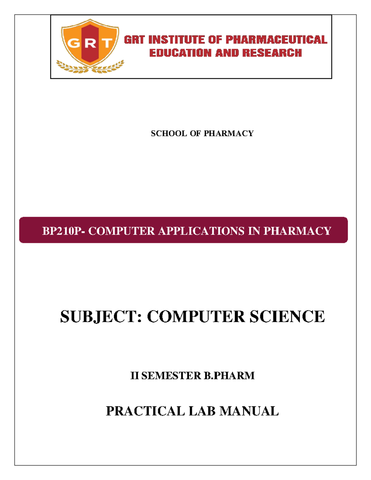 Bp210precord - jhhk - SCHOOL OF PHARMACY SUBJECT: COMPUTER SCIENCE II ...