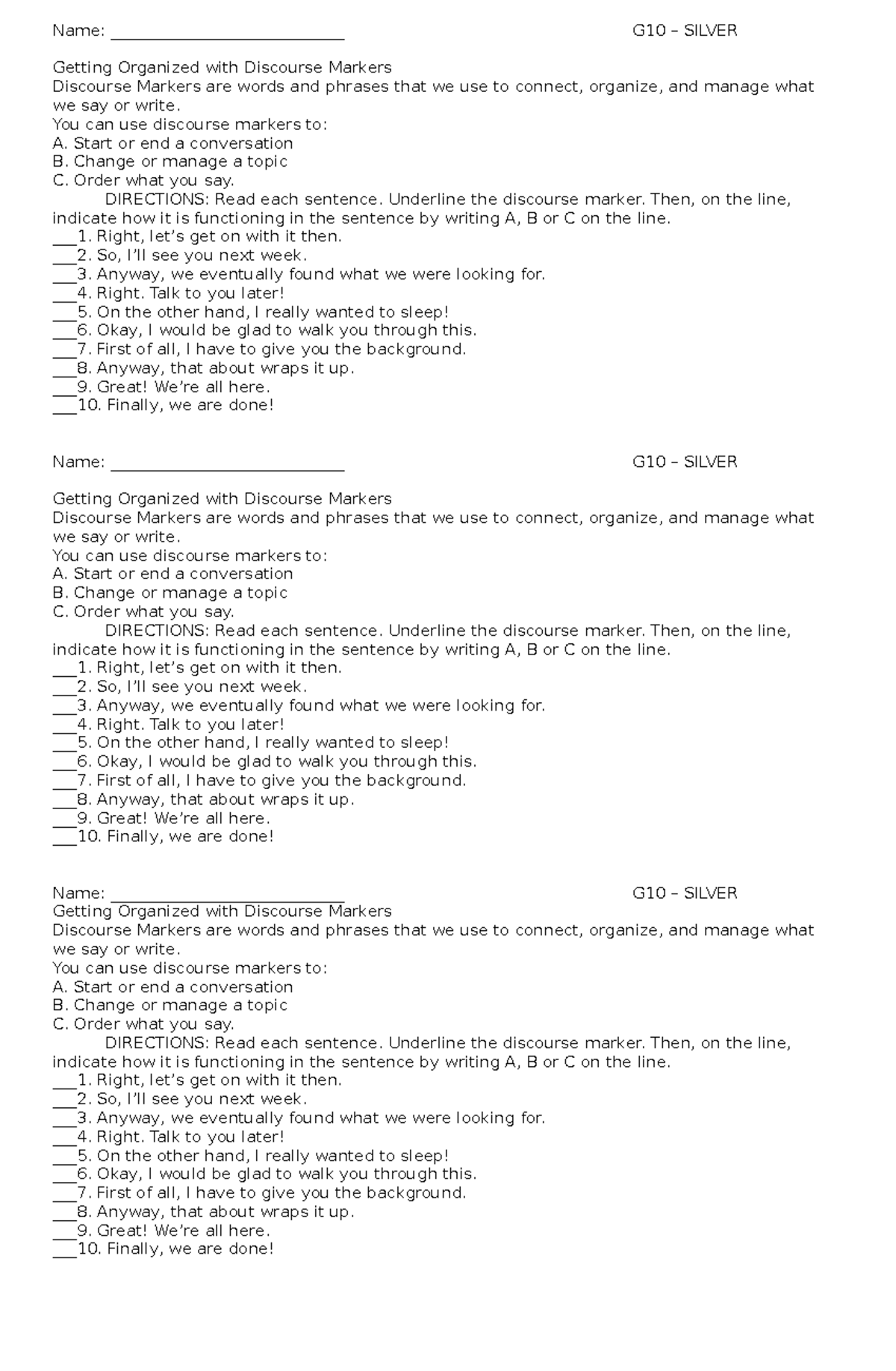 Worksheet week 6 - Name: _____________________________ G10 – SILVER ...