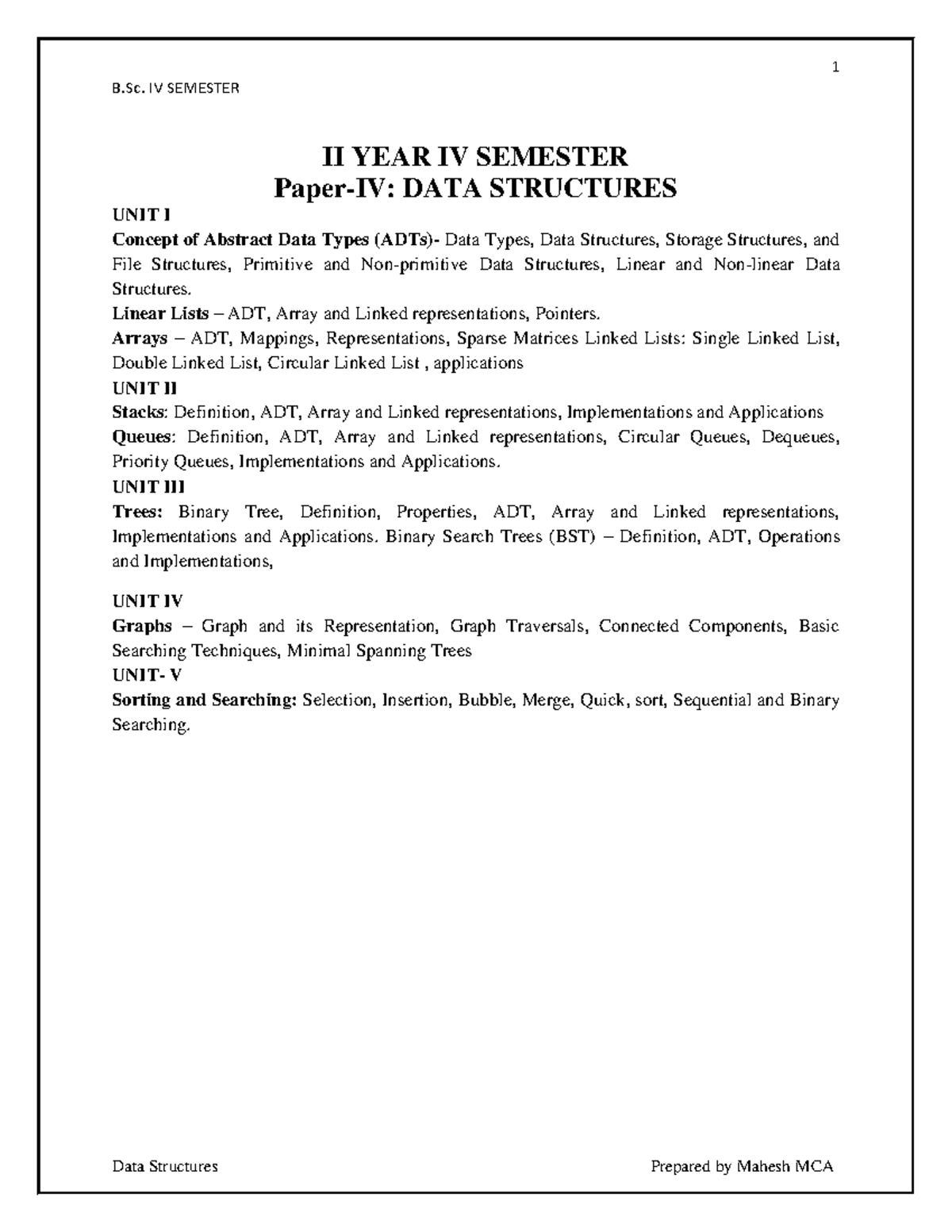Data Structures Notes B Iv Semester Ii Year Iv Semester Paper Iv