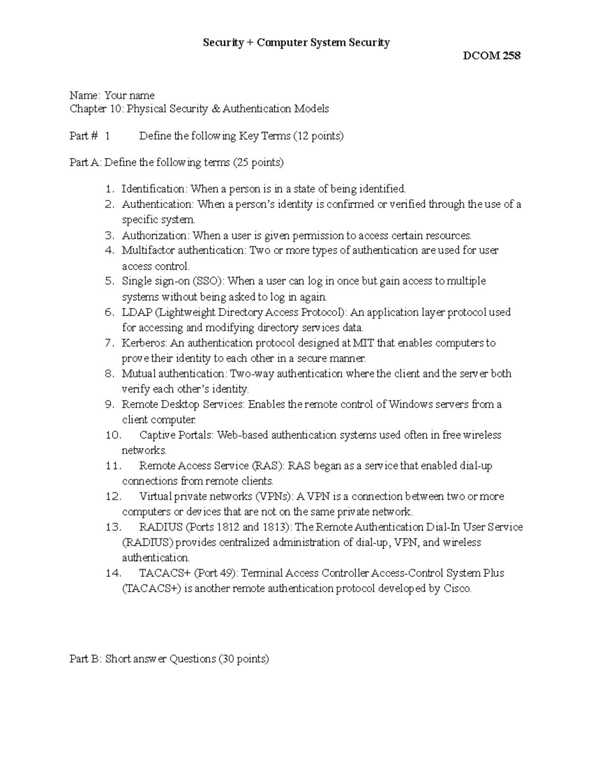 DCOM 258 Lab 10 Physical Security & Authentication Models - Security + Computer System Security ...