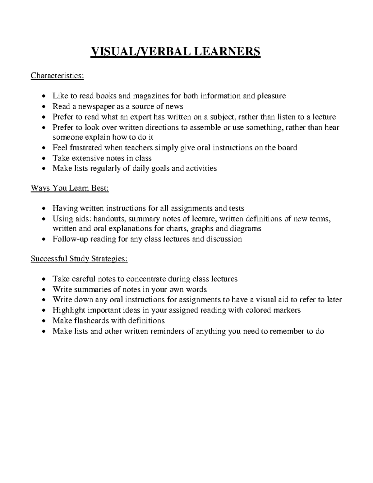 Learning Styles Explain - VISUAL/VERBAL LEARNERS Characteristics: Like ...