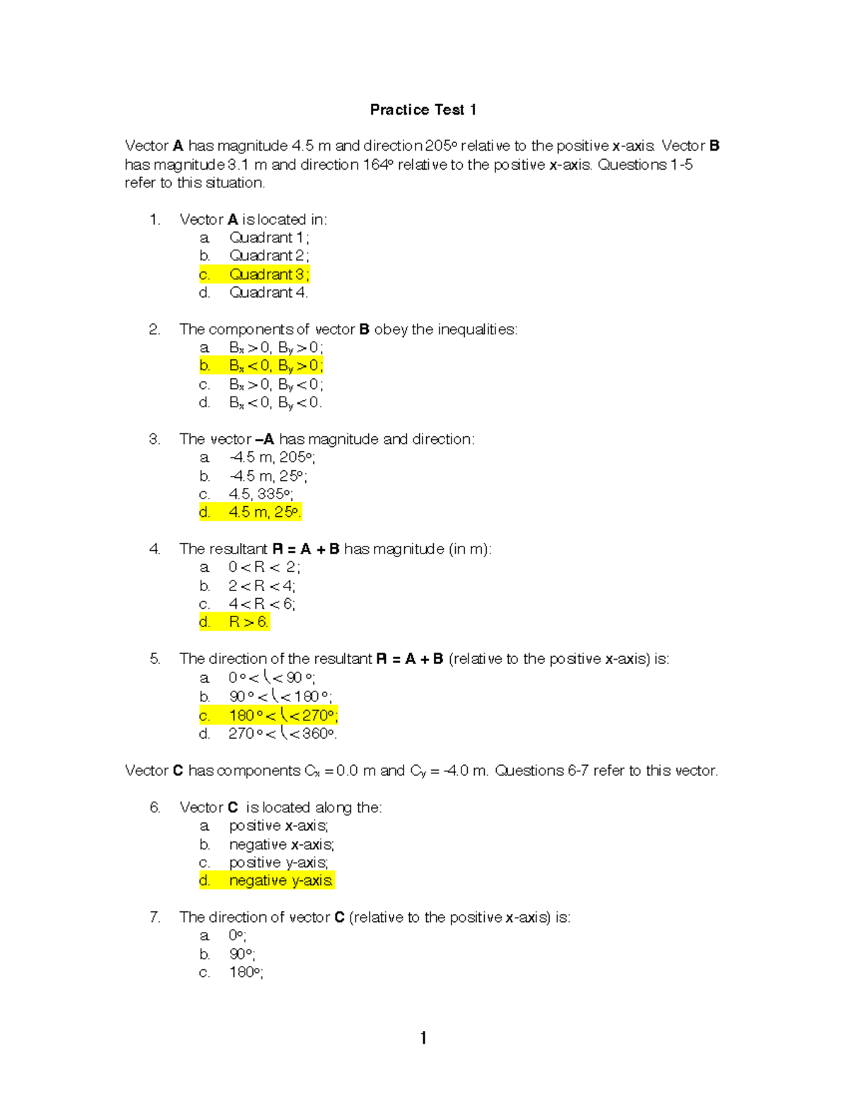 Physics 1 - Practice Test 1 - Practice Test 1 Vector A has magnitude 4 ...