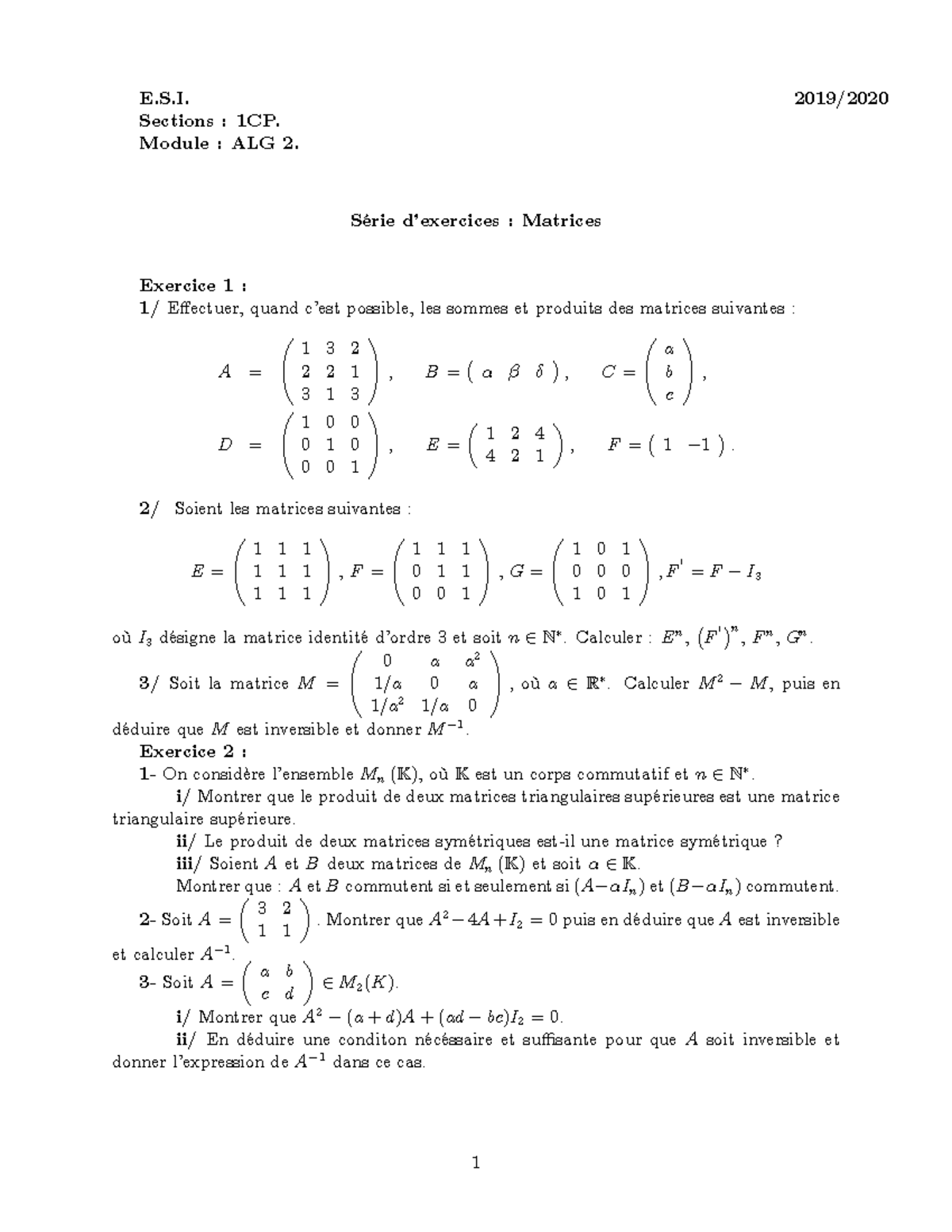 1920 1CP exos matrices Alg2 - E.S. 2019/ Sections : 1CP. Module : ALG 2 ...