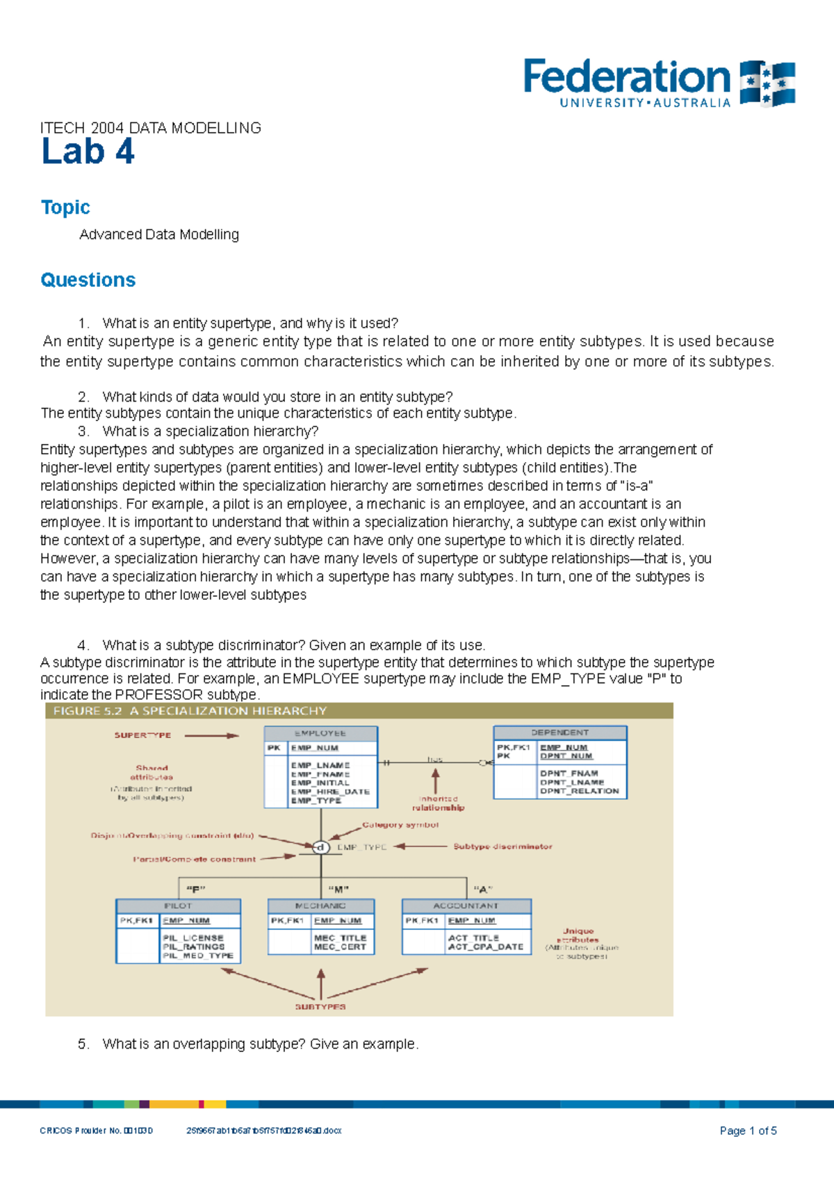 Itech 2004 04 Lab Database Itech 2004 Data Modelling Lab 4 Topic