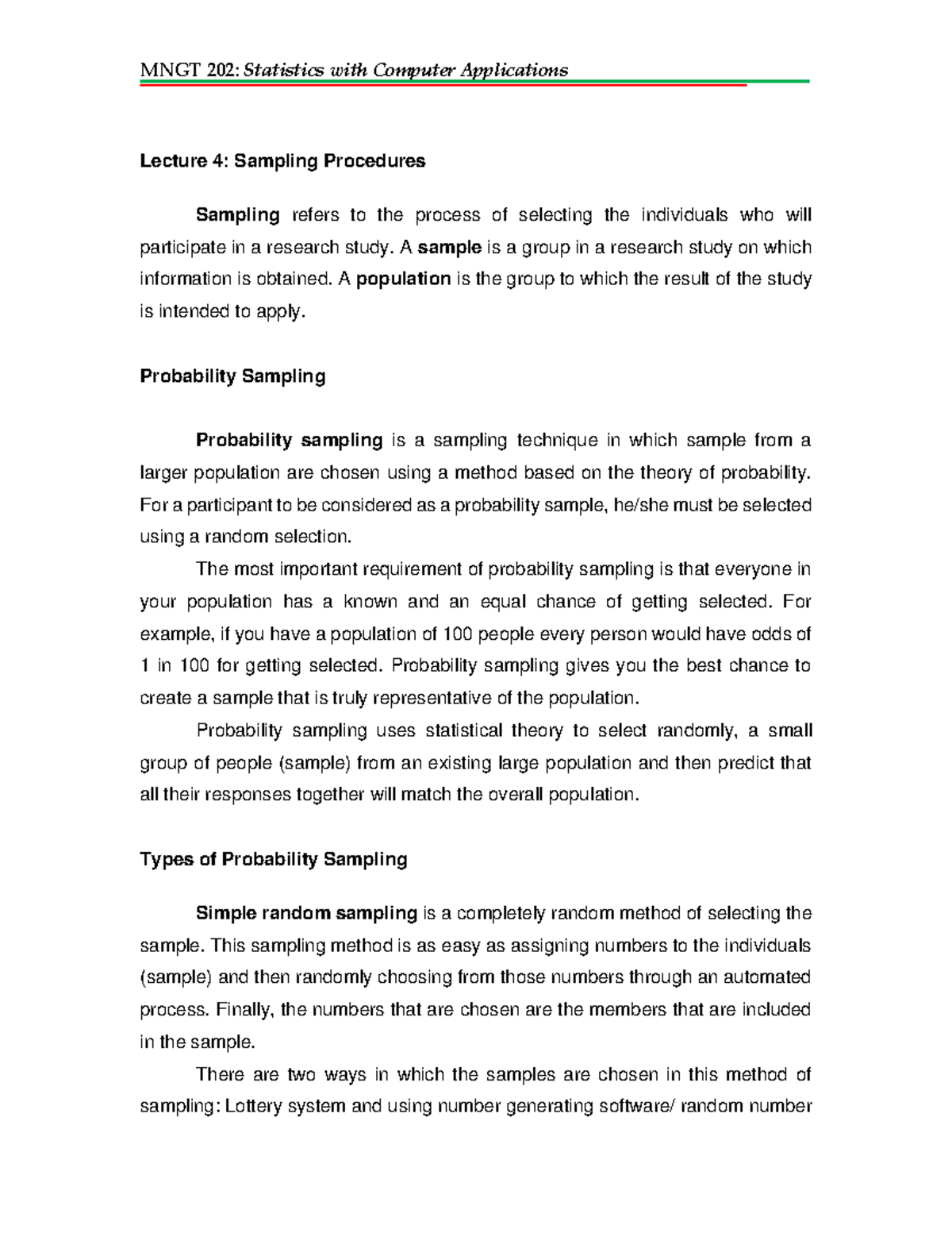 MNGT 202 Lecture 4 10142022 - Lecture 4: Sampling Procedures Sampling refers to the process of ...