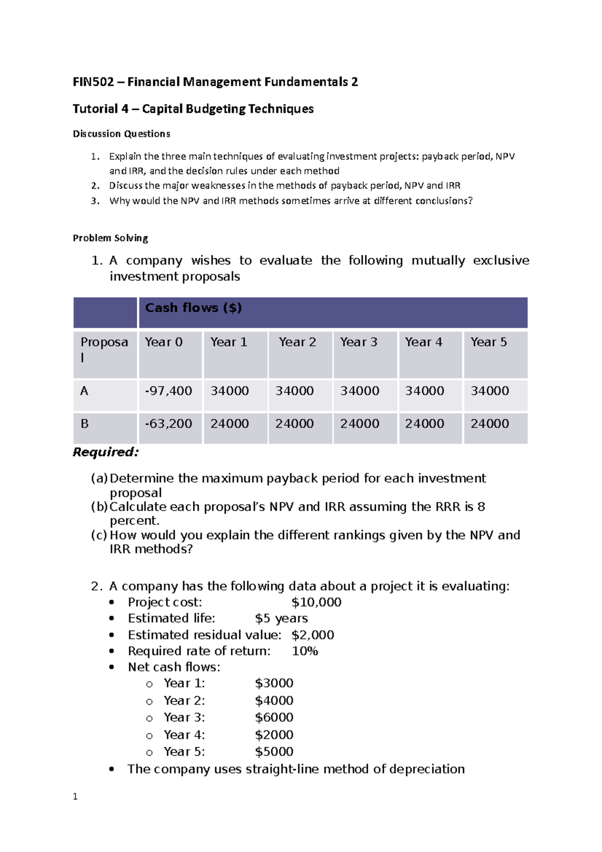 Tutorial 4 Questions - FIN502 – Financial Management Fundamentals 2 ...