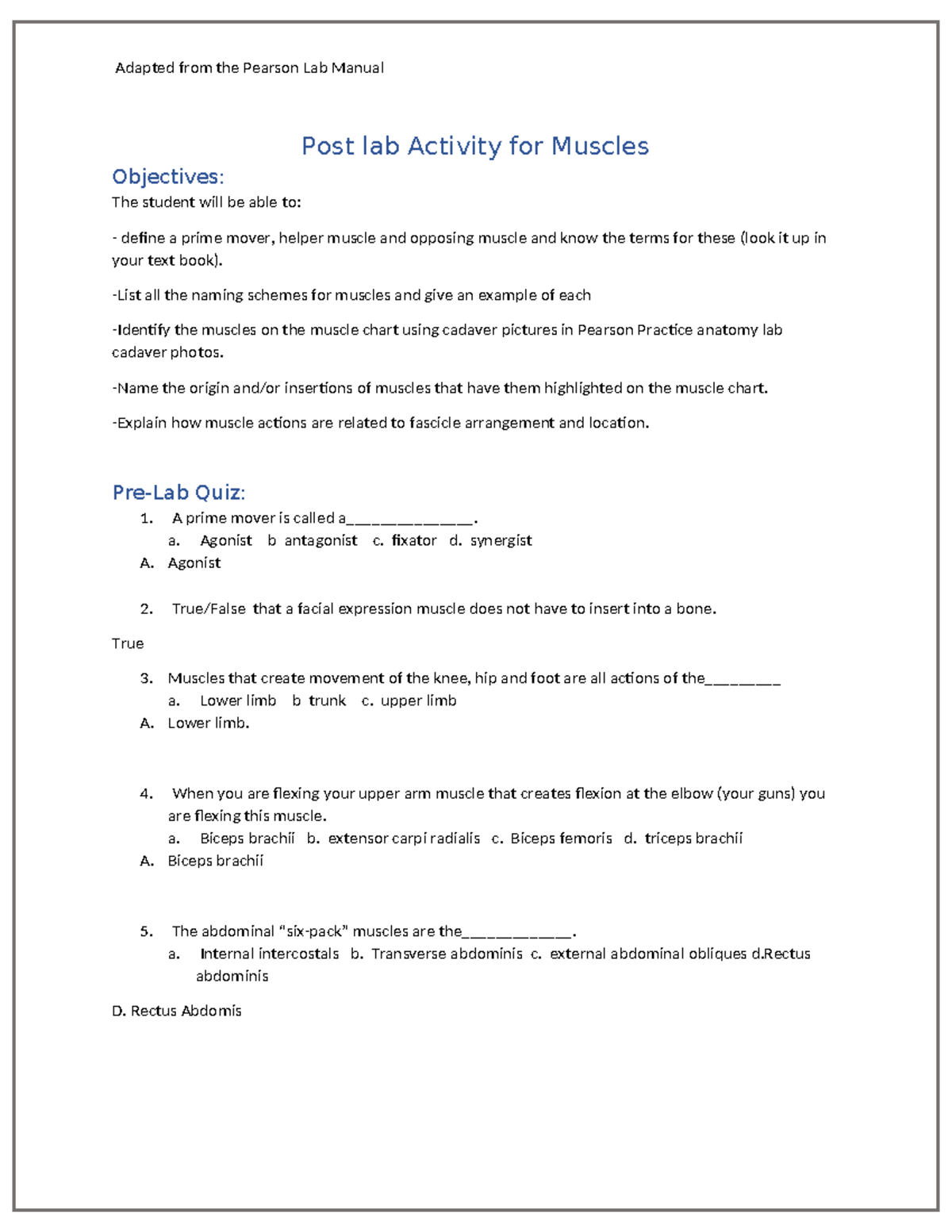 Post lab #10-Activity for Muscles (2) - Post lab Activity for Muscles Objectives: The student ...