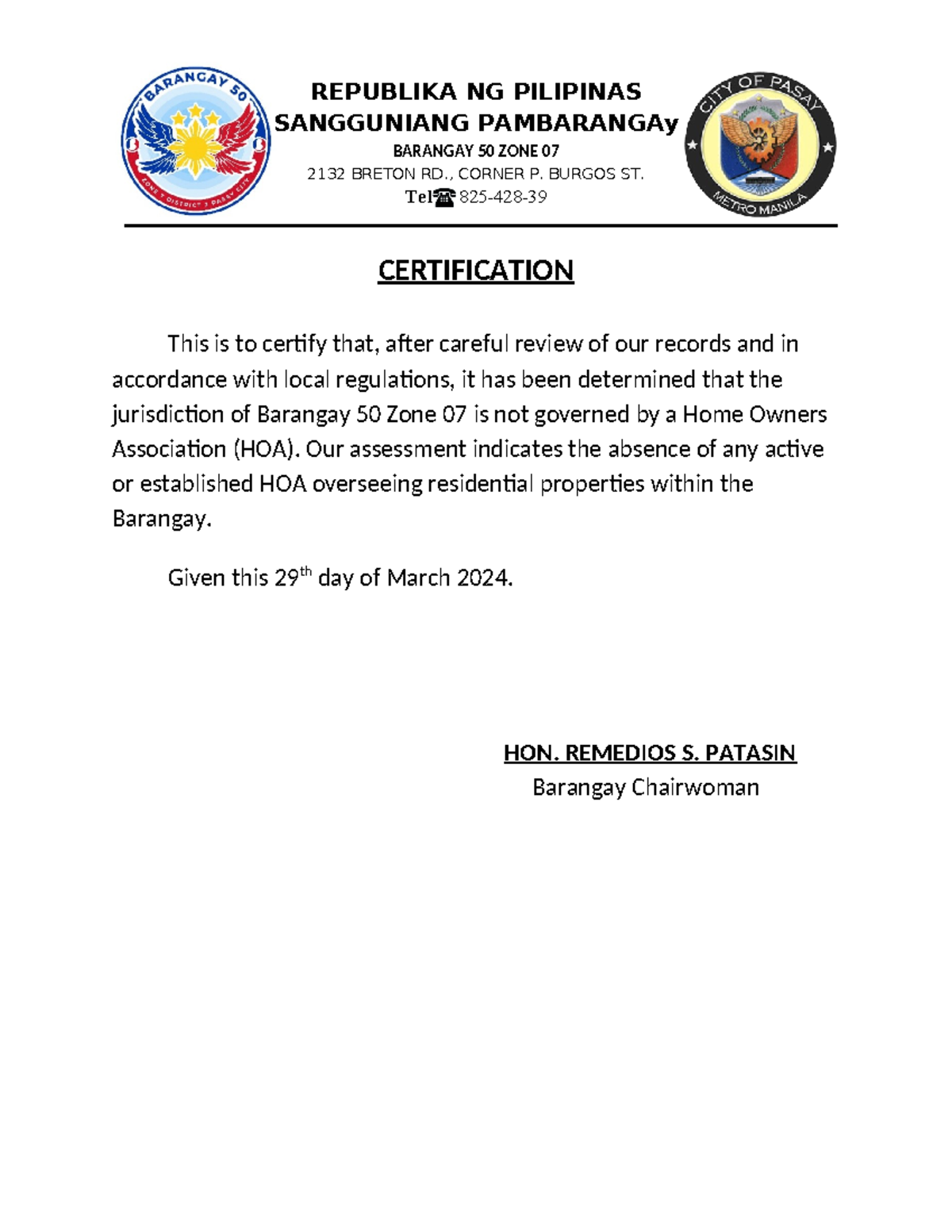 Certification - REPUBLIKA NG PILIPINAS SANGGUNIANG PAMBARANGAy BARANGAY ...