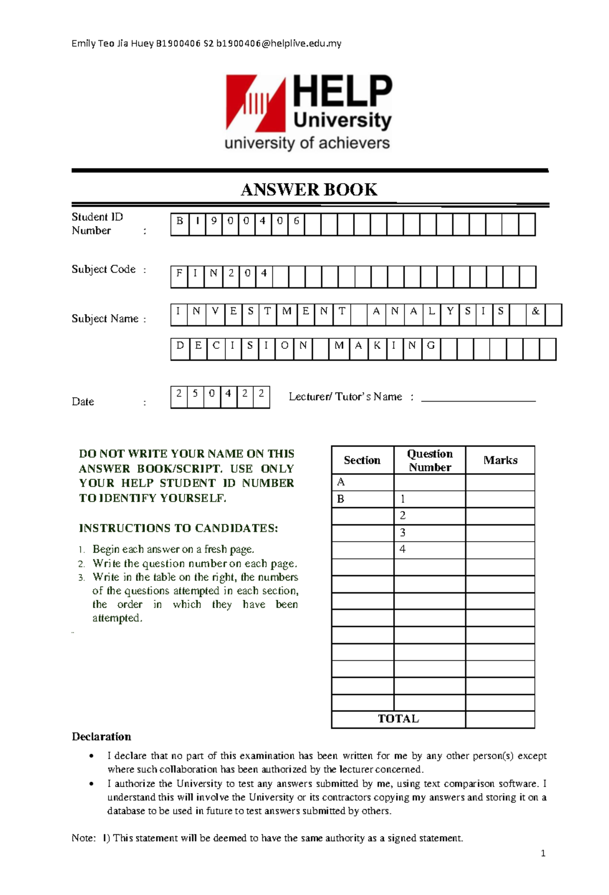 Emily Teo Jia Huey B1900406 S2 - ANSWER BOOK Student ID Number ...