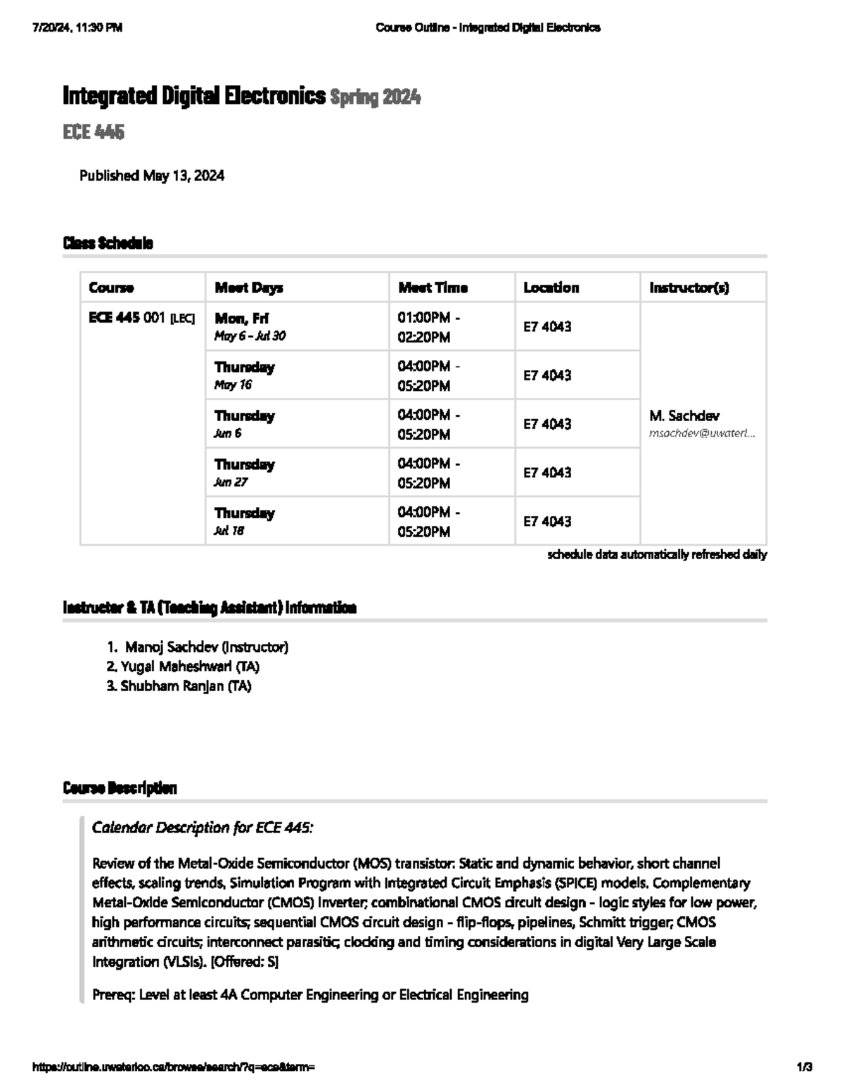 Ece 445 - Course Syllabus - 11:30 PM Course Outline Integrated Digital ...