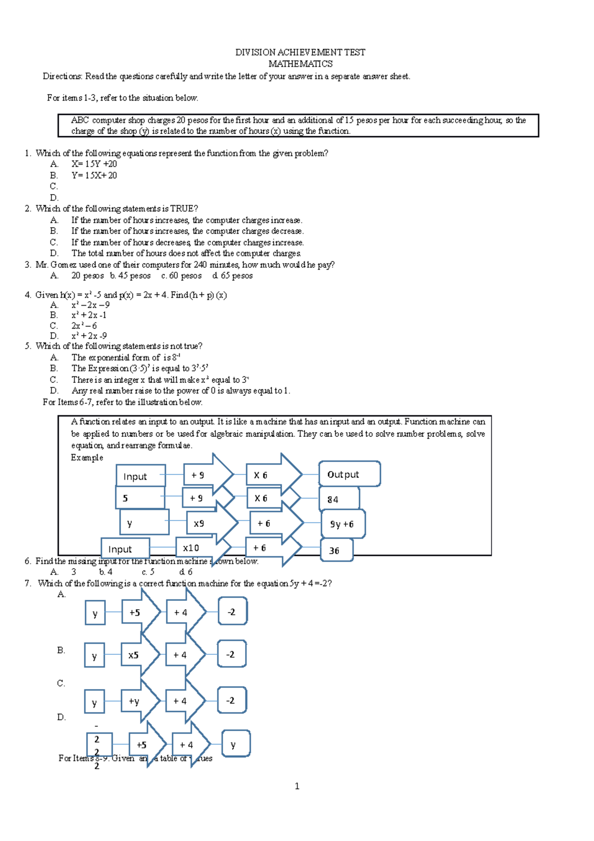 Mathematics 12 - Kevin T. Tolorio - DIVISION ACHIEVEMENT TEST ...