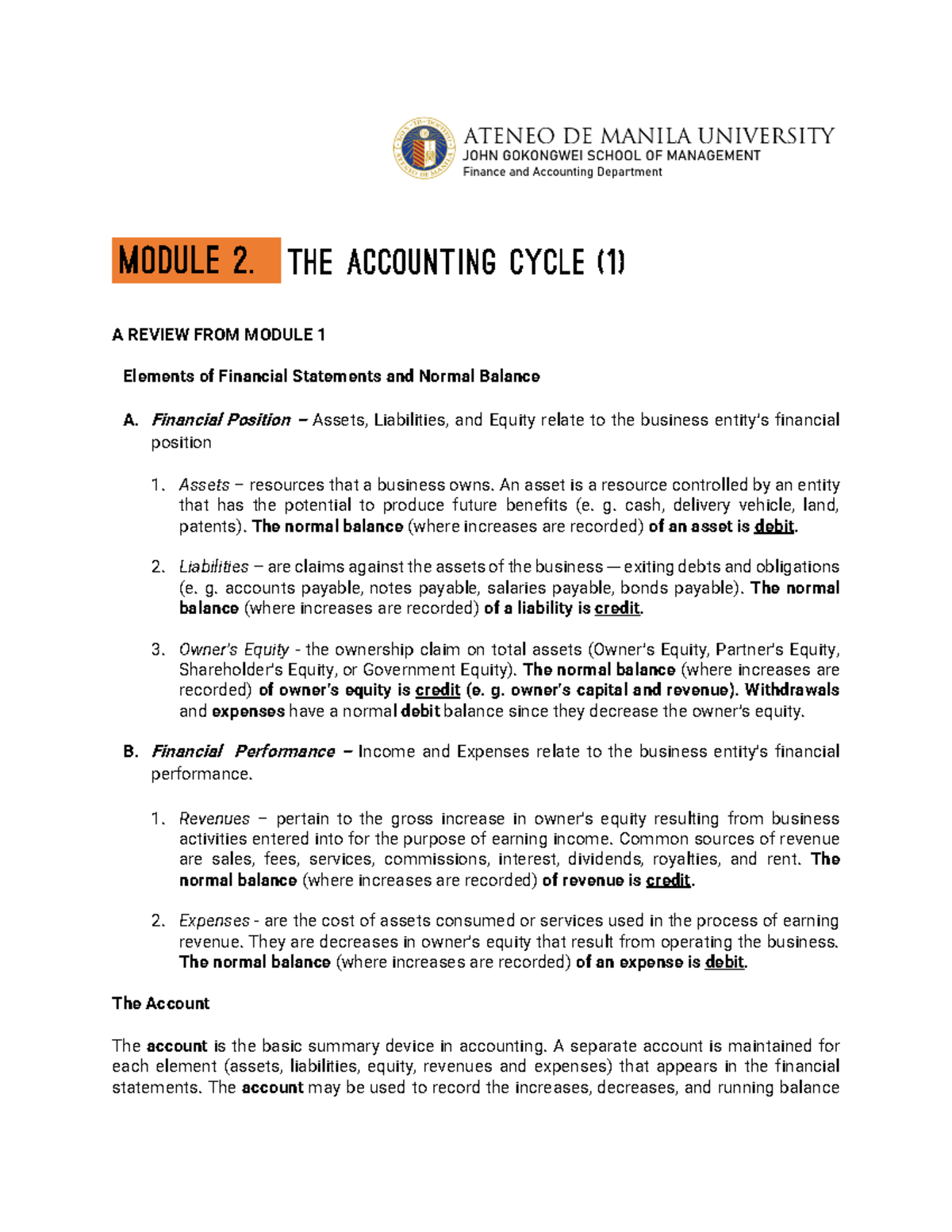Module 2. The Accounting Cycle-Part 1 - A REVIEW FROM MODULE 1 Elements ...