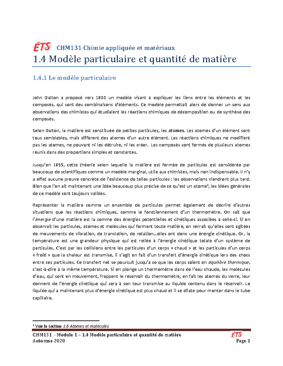 1-4 Modèle particulaire et quantité de matière - 4 Le modèle ...