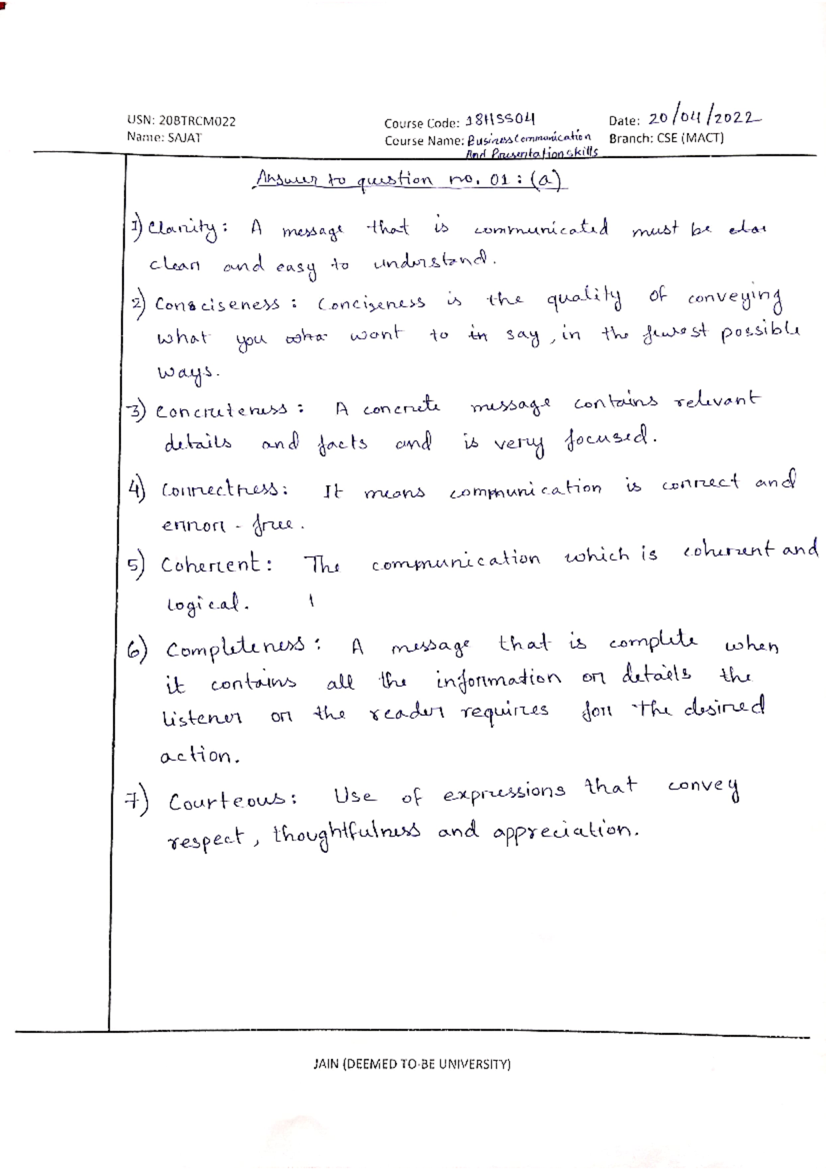 Internal TEST – I (Answers) - Business Communication And Presentation ...