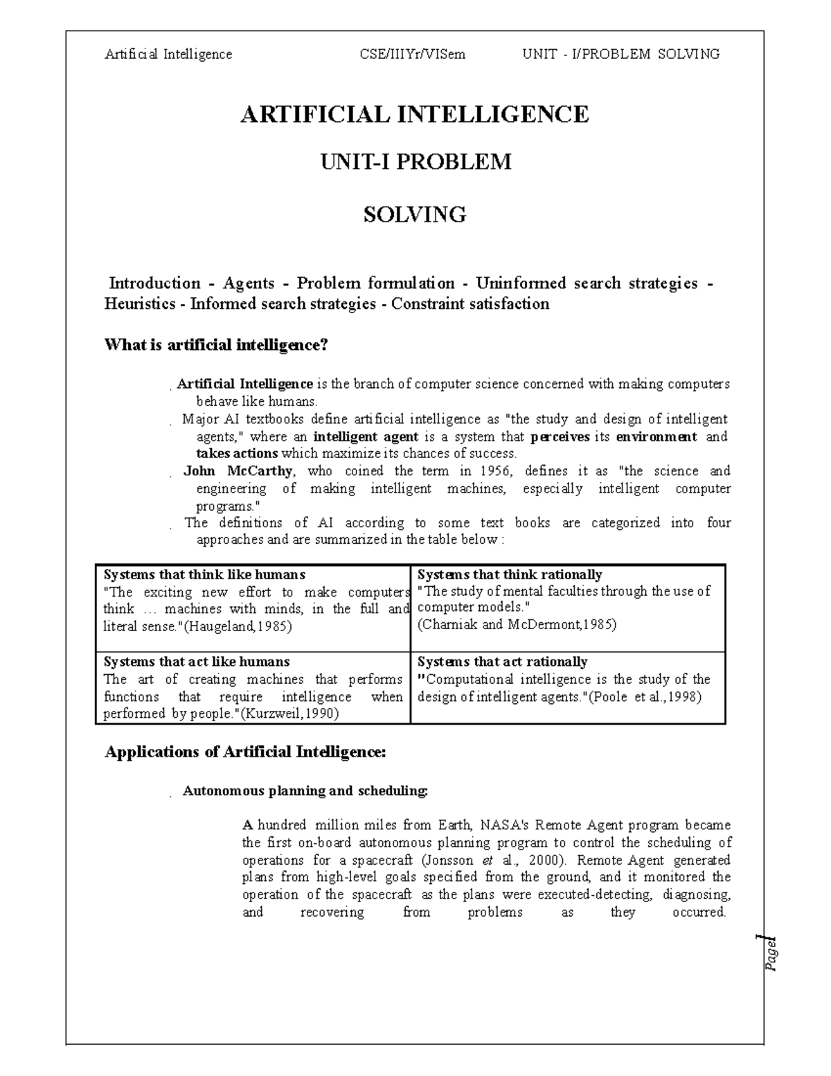 104651 - Artificial Intelligence CSE/IIIYr/VISem UNIT - I/PROBLEM SOLVING ARTIFICIAL ...
