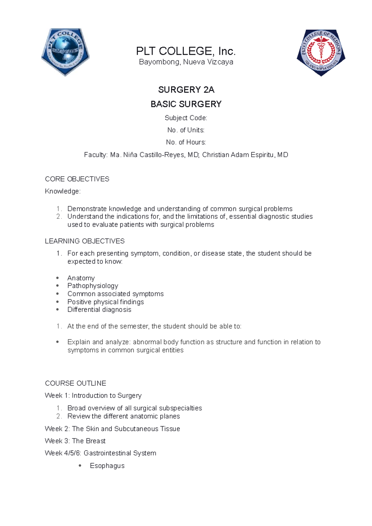 Surgery 2 course outlime for editing - PLT COLLEGE, Inc. Bayombong ...
