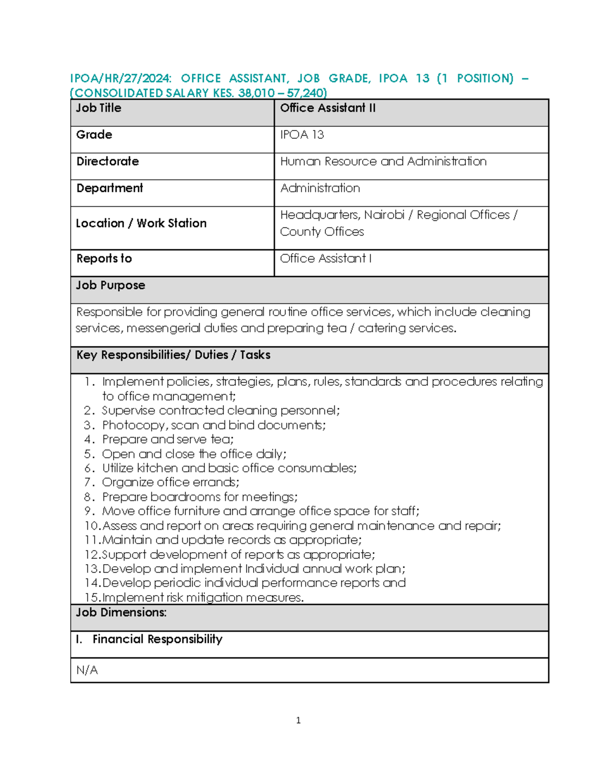 Office Assistant - Summary Business - 1 IPOA/HR/2 7 /2024: OFFICE ...