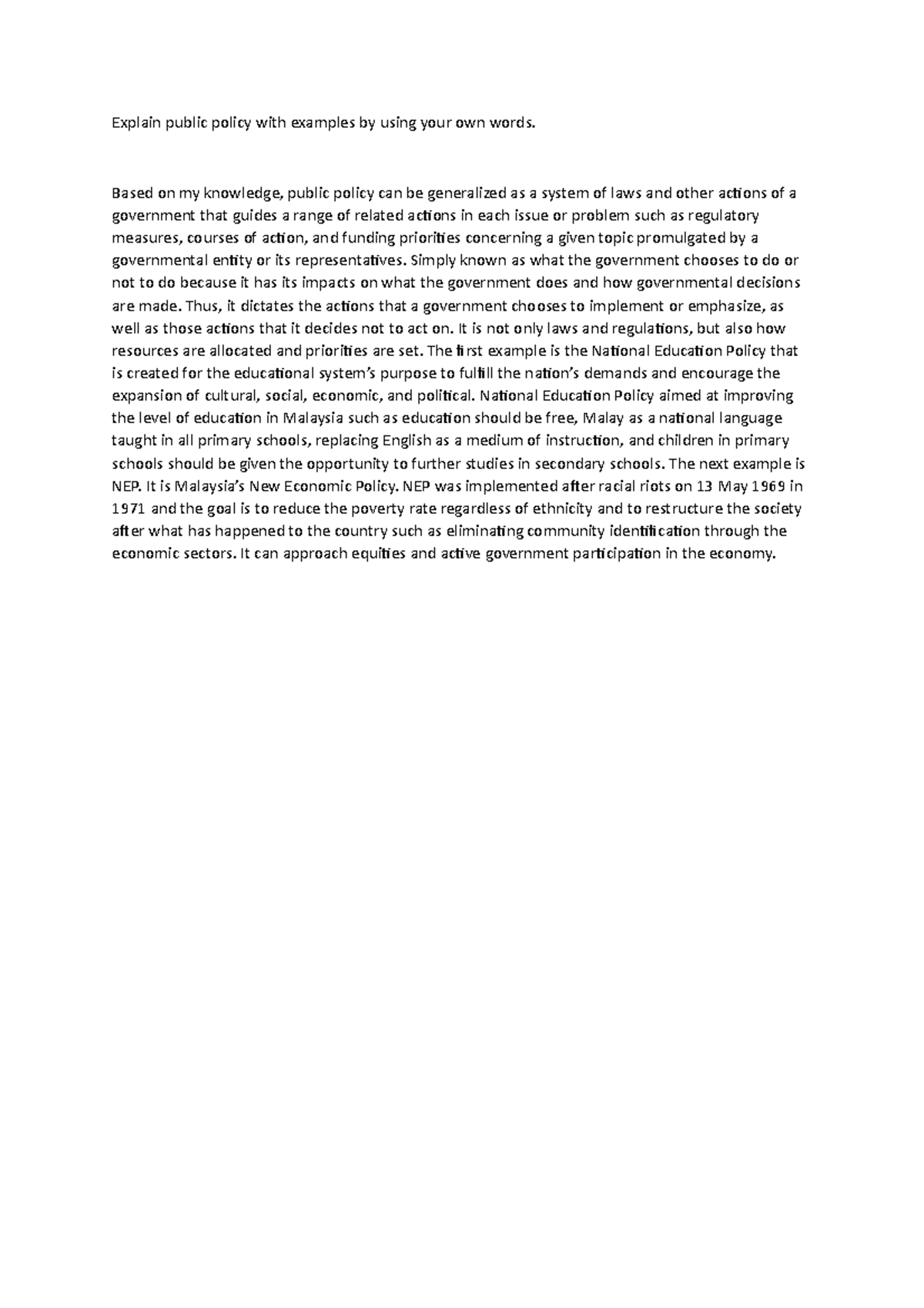 TUTO WEEK 6 - public policy with examples PAD104 AM110 UiTM - Explain ...