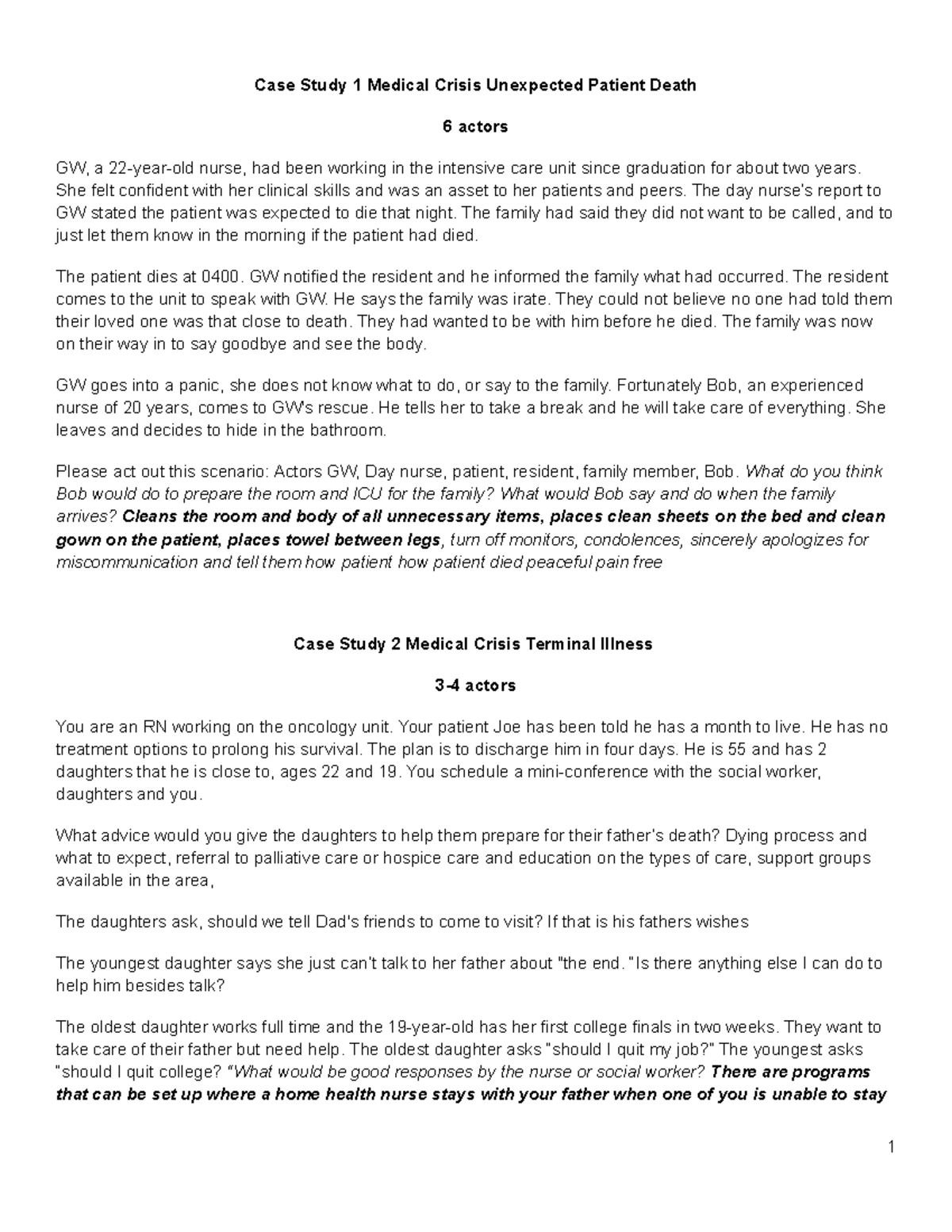 Case Studies End of Life - Case Study 1 Medical Crisis Unexpected ...