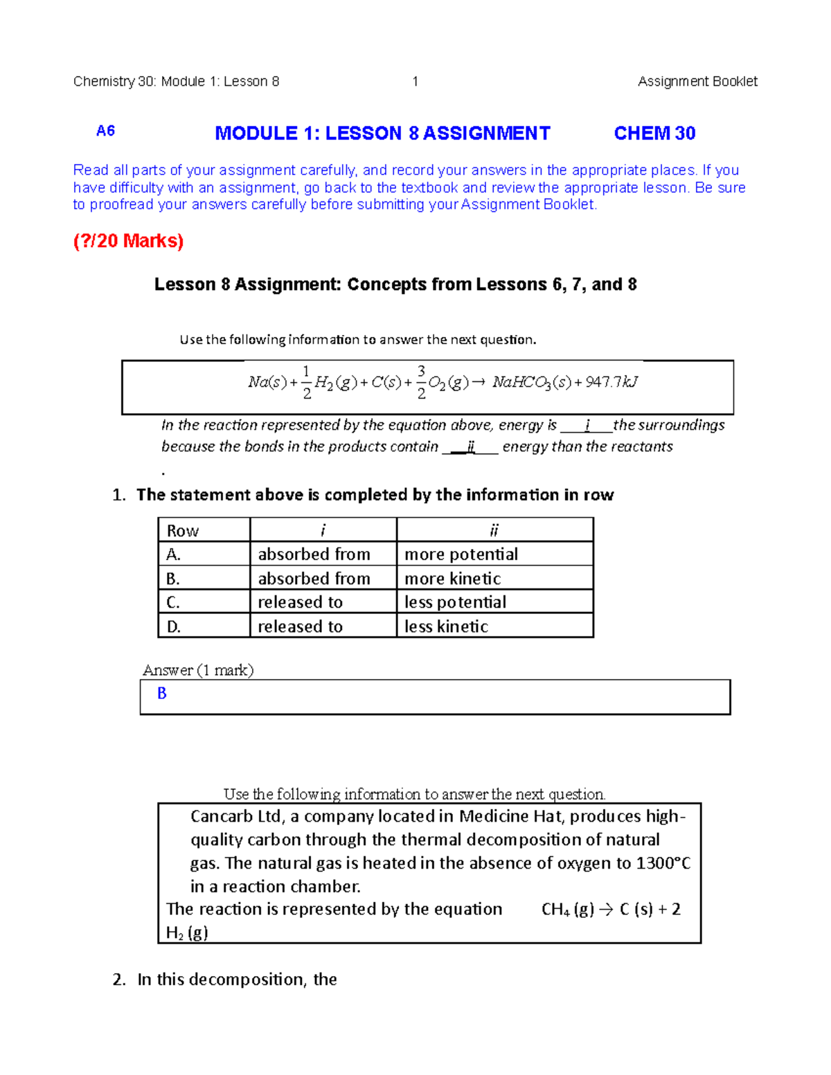 C30 m1 l08 assignment - asda - A6 MODULE 1: LESSON 8 ASSIGNMENT CHEM 30 ...