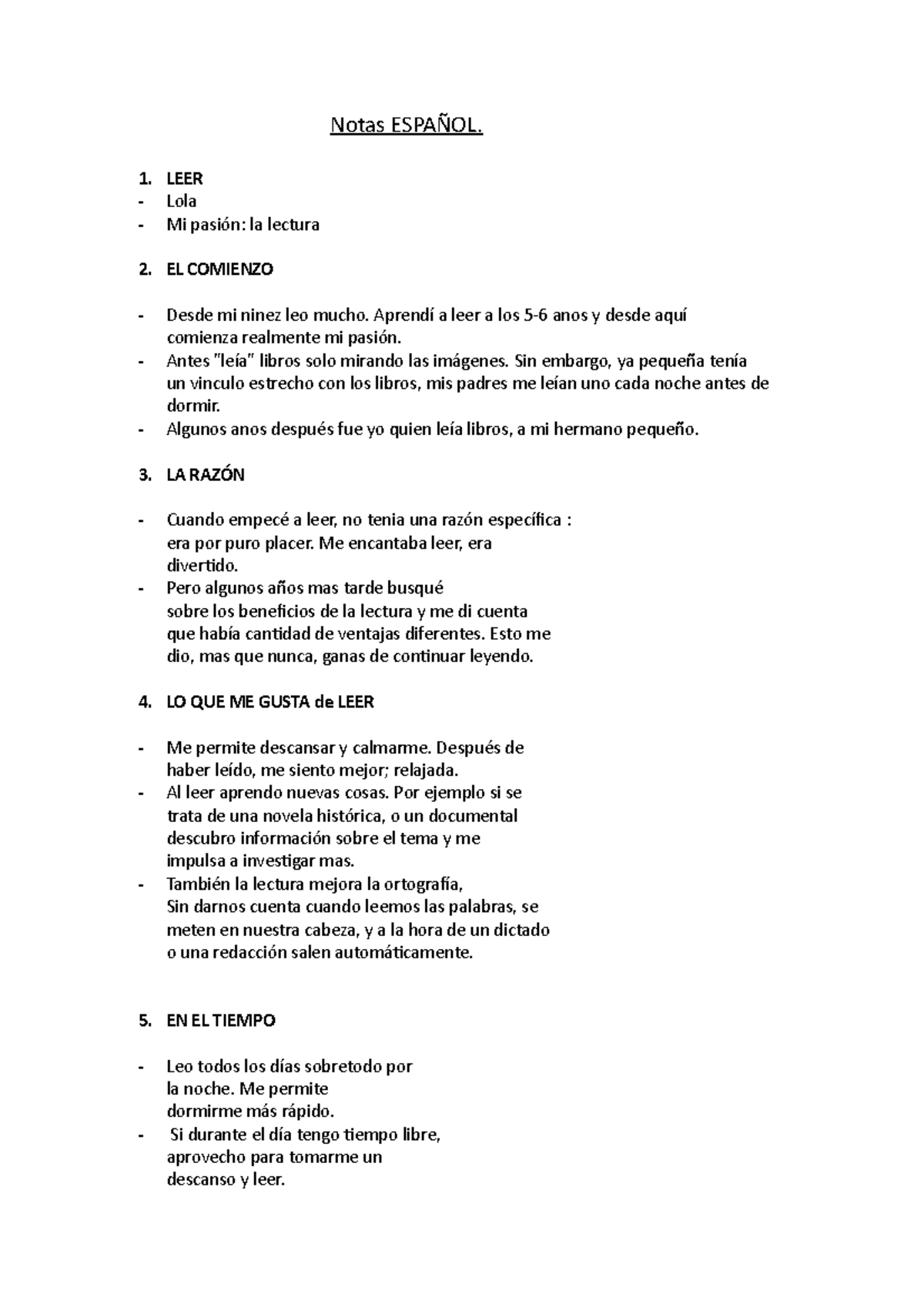 Notas spanish - Yes - Notas ESPAÑOL. 1. LEER Lola Mi pasión: la lectura ...