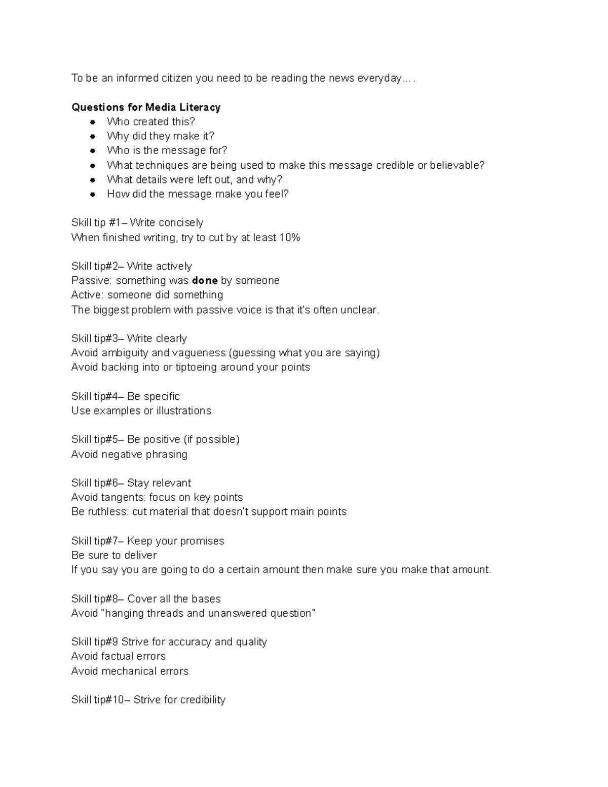 Media Literacy - notes - To be an informed citizen you need to be ...