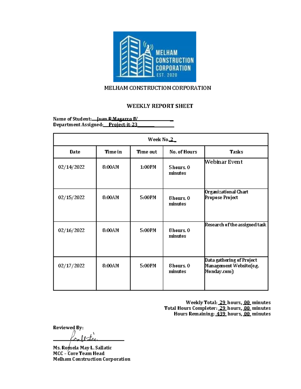 Week 2 - OJT TASKS - MELHAM CONSTRUCTION CORPORATION WEEKLY REPORT ...