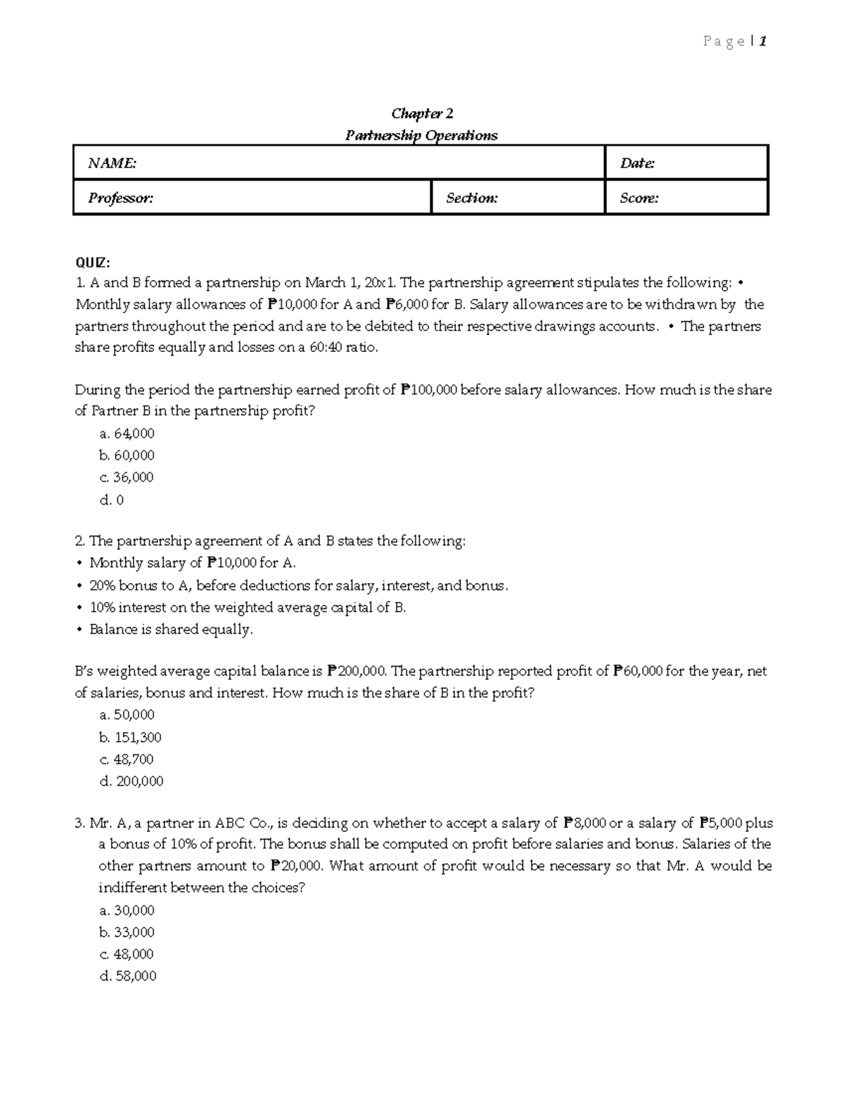 2. QUIZ #2 - bsa - P a g e | 1 Chapter 2 Partnership Operations NAME ...