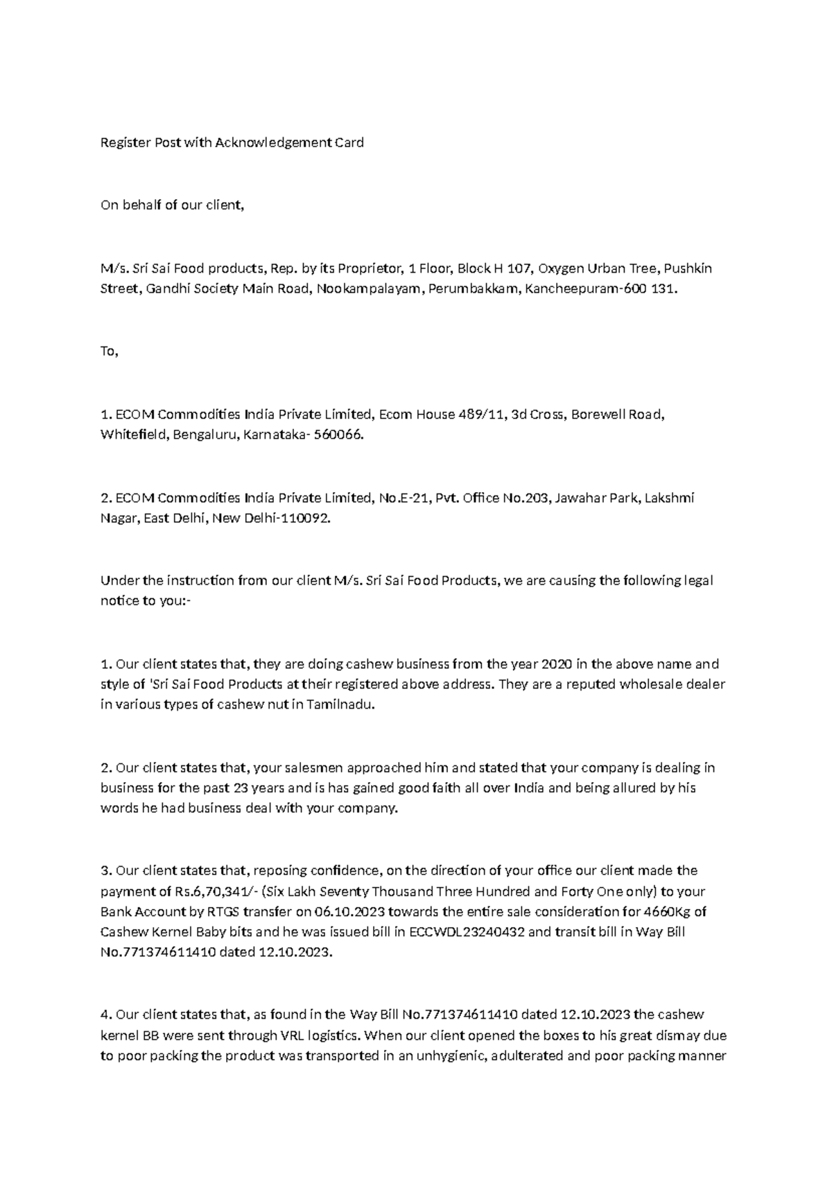 E.Com typing - Register Post with Acknowledgement Card On behalf of our ...