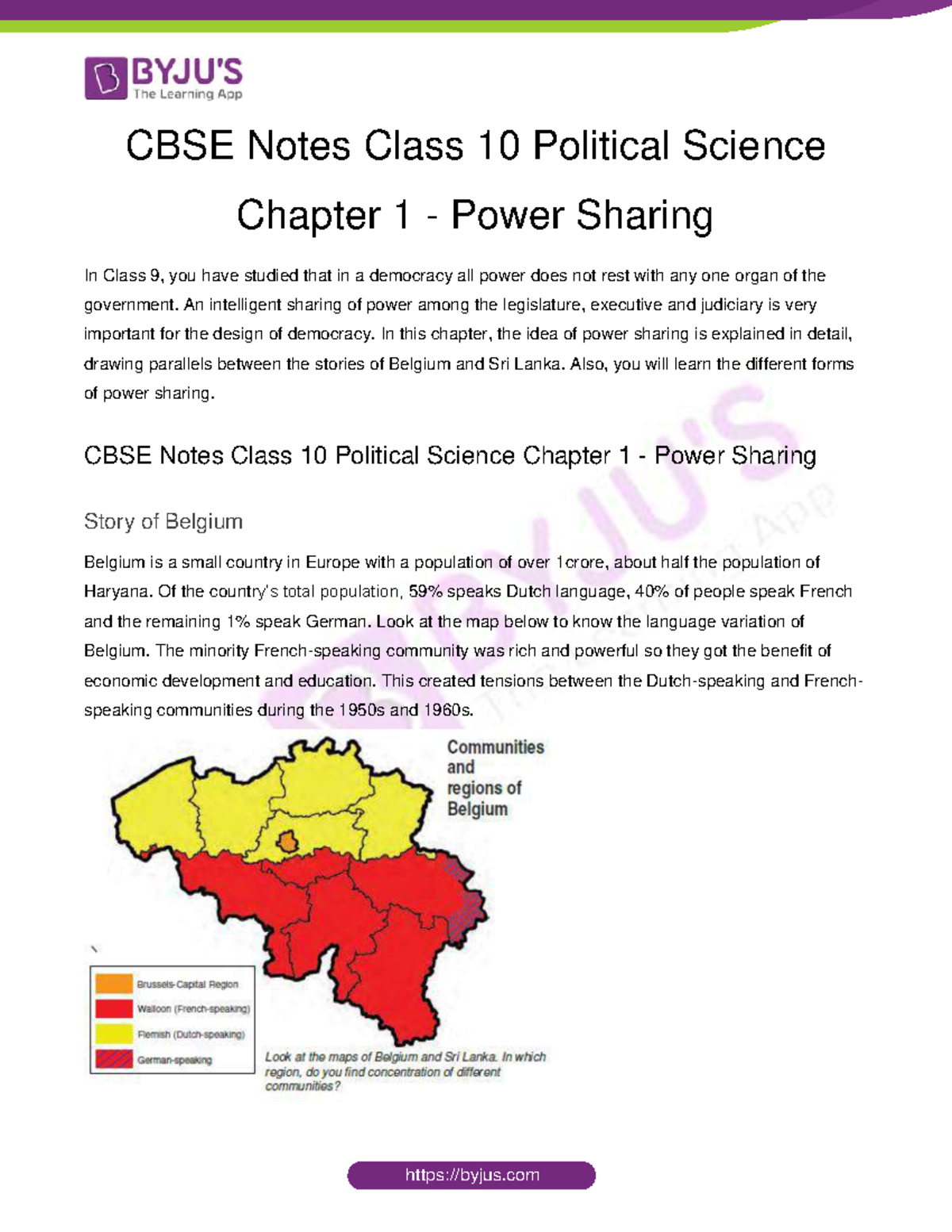 CBSE Notes Class 10 Political Science Chapter 1 Power Sharing - CBSE ...