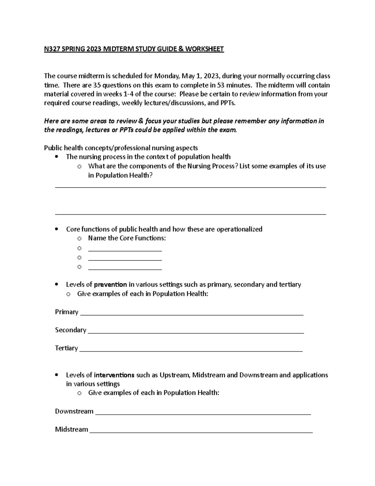 N327 Spring 2023 Midterm Study Guide and Worksheet - N327 SPRING 2023 ...