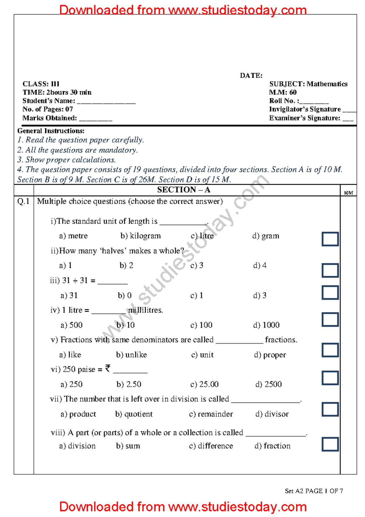 CBSE Class 3 Maths Question Paper Set C - Downloaded from DATE: CLASS: TIME: 2hours 30 min Name ...